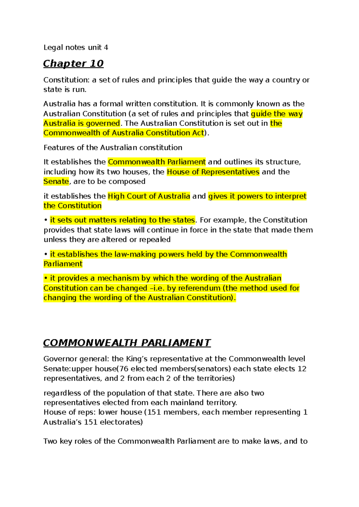 Legal UNIT 4 - Comprehensive Study Notes on the Australian Constitution ...