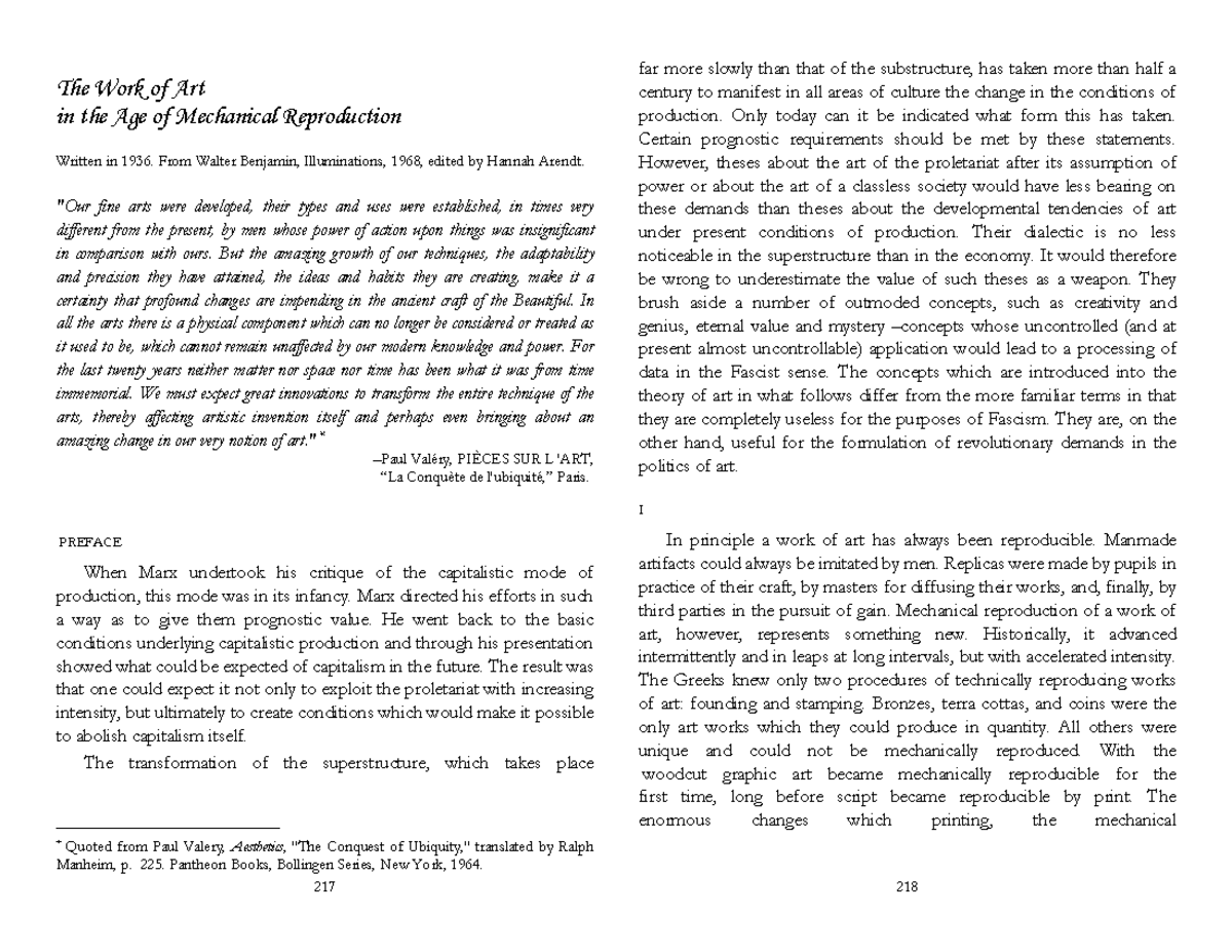 The Work of Art in the Age of Mechanical Reproduction: A Critical ...