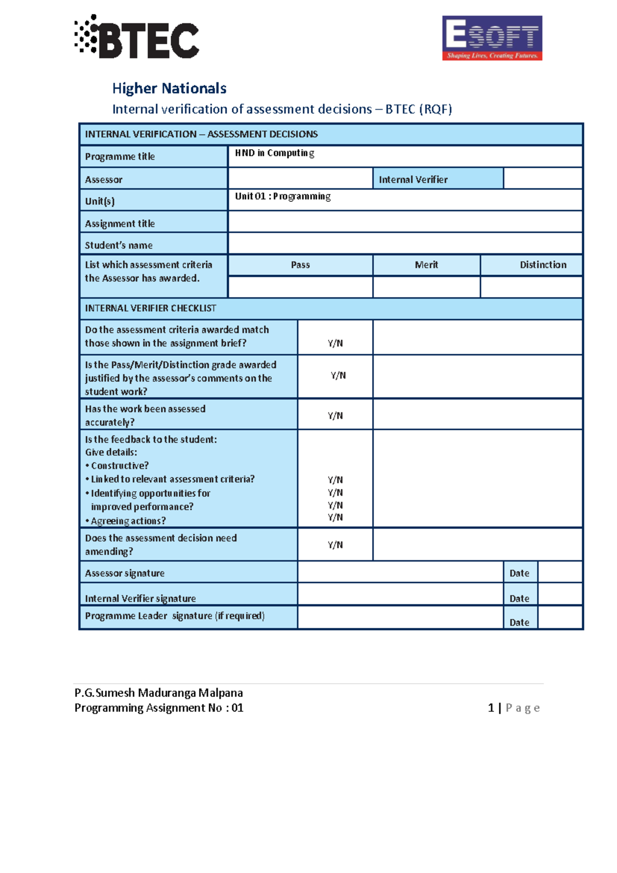 HND in Computing: Unit 01 Programming Assignment Guidelines 2021 - Studocu