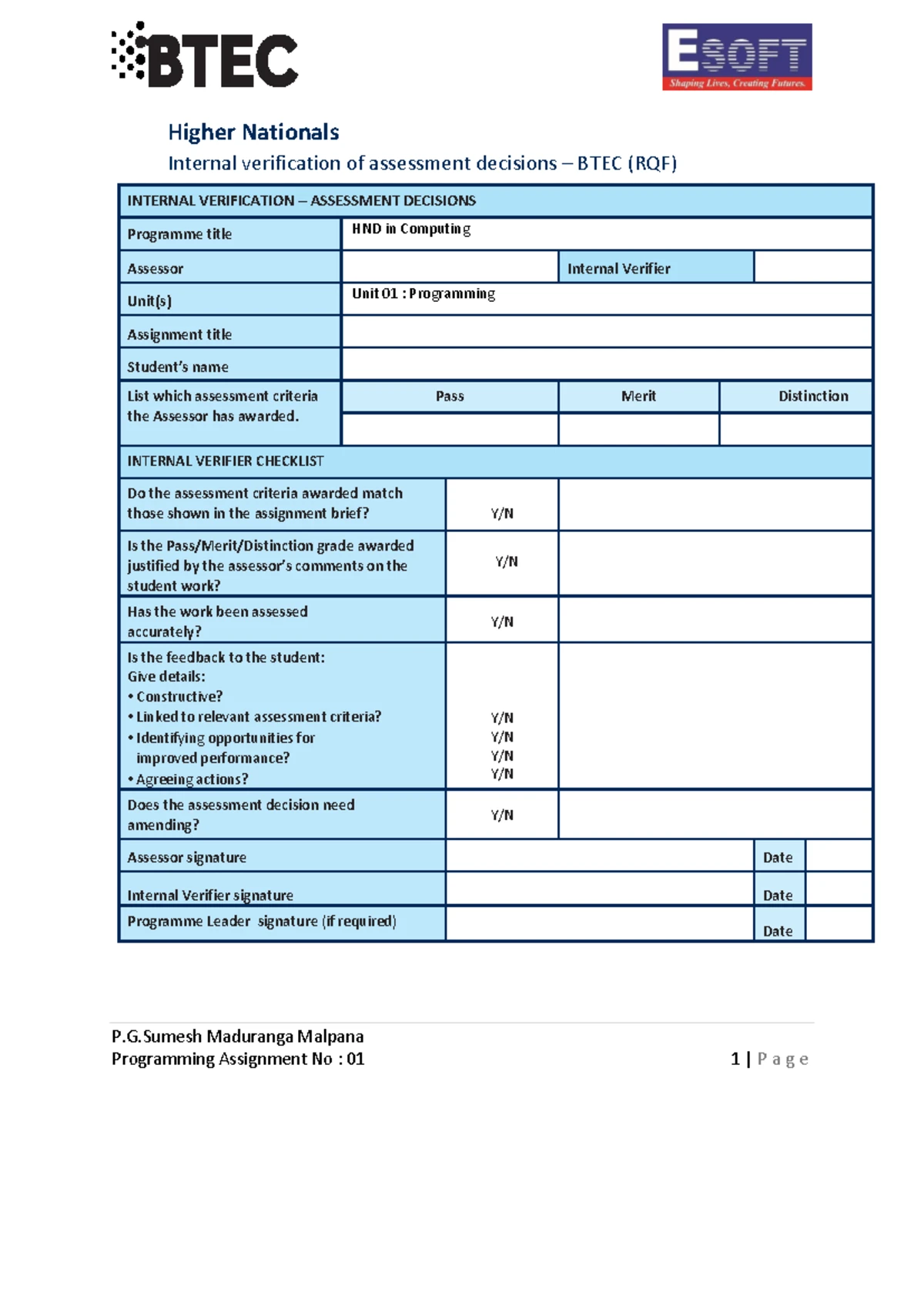 P1 Programming Assignment Higher Nationals Internal Verification Of
