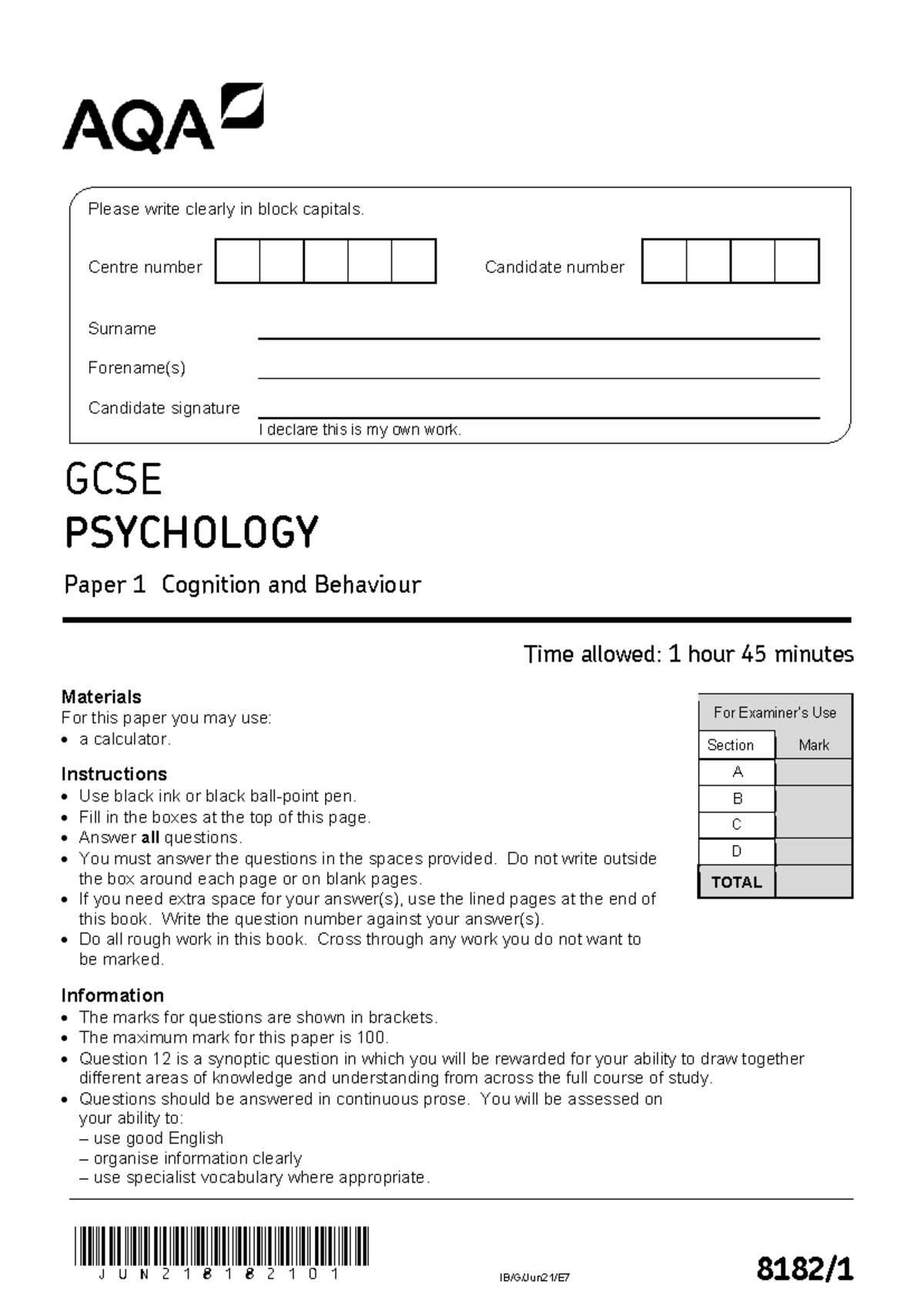 GCSE PSYCHOLOGY Paper 1: Cognition and Behaviour June 2021 QP - Studocu