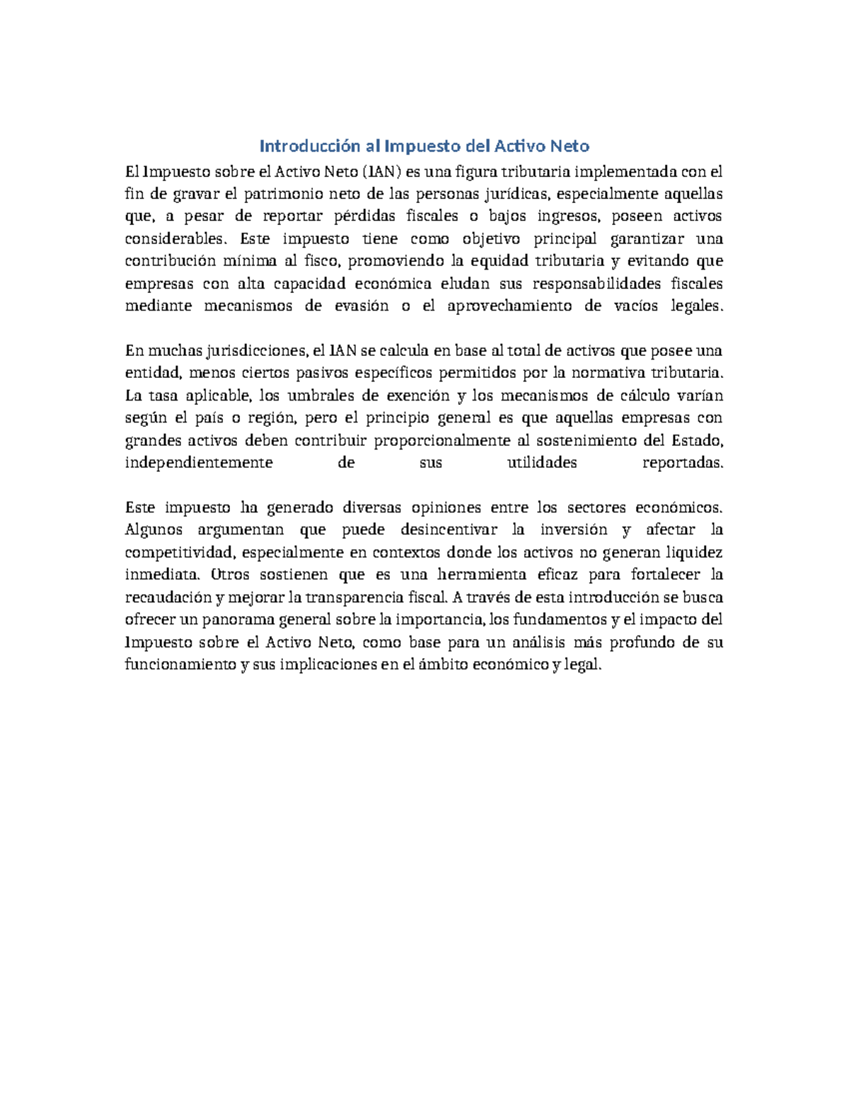Introducción al Impuesto sobre el Activo Neto (IAN) - Studocu