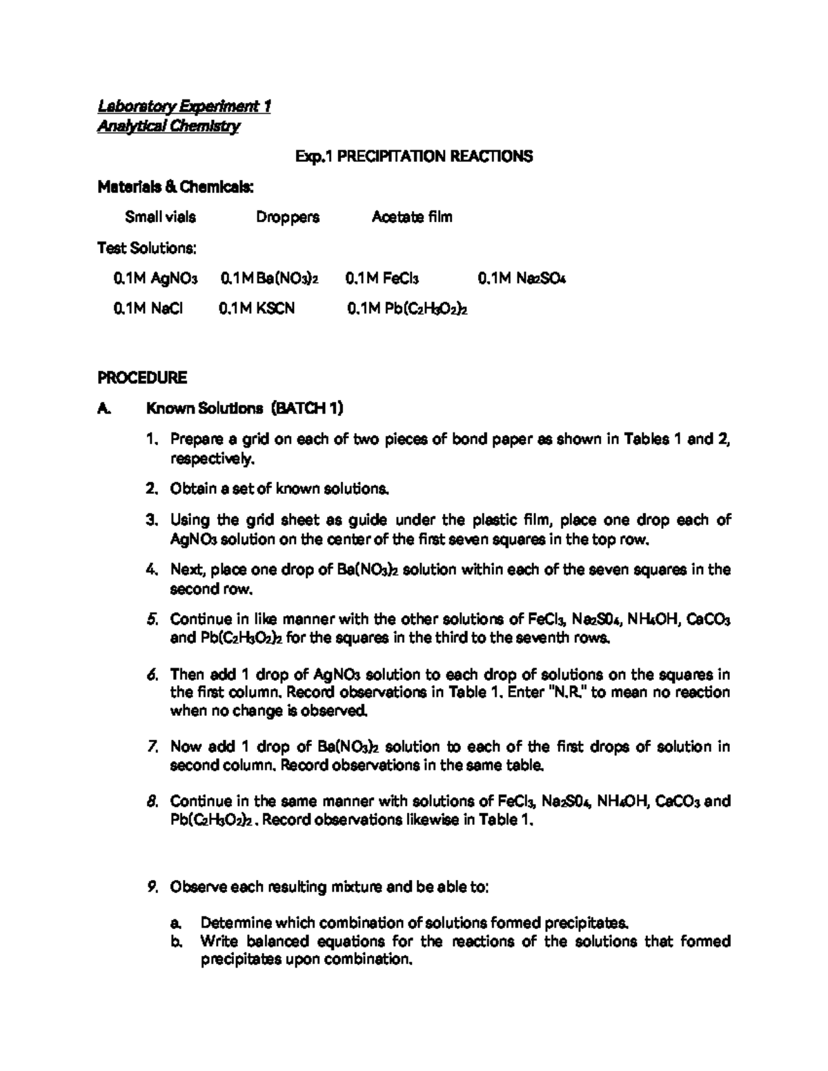Lab Exp. 1: Precipitation Reactions in Analytical Chemistry (AC Lab-1 ...