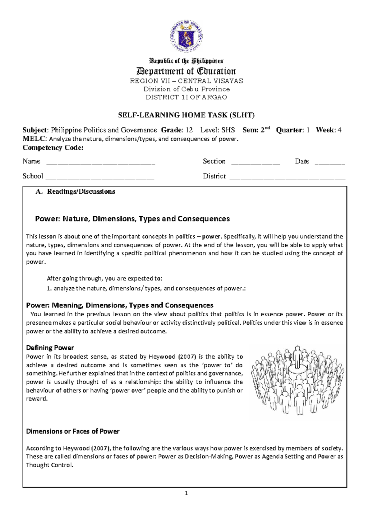 Phil Pol-SLHT1 Q2 Week 4: Power - Nature, Dimensions & Types - Studocu