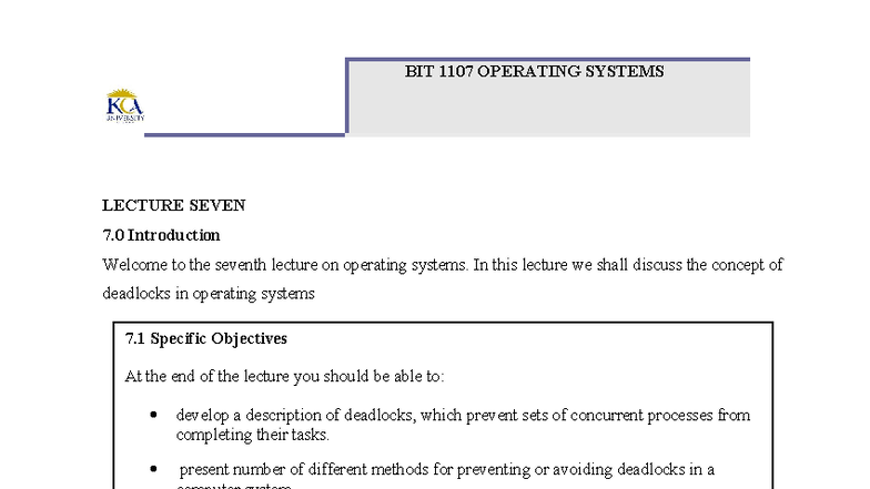 BIT 1107 Operating Systems Lecture 7: Understanding Deadlocks - Studocu