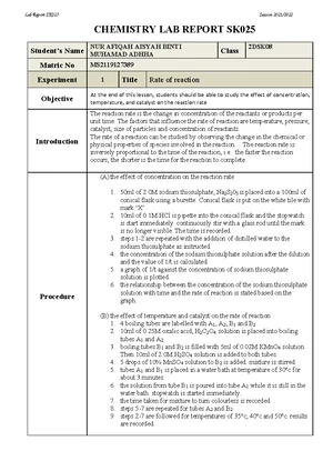 LAB Report 1 - CHEMISTRY LABORATORY REPORT EXPERIMENT 1 TITLE : NAME : PRACTICUM CLASS : 4DSF12a ...