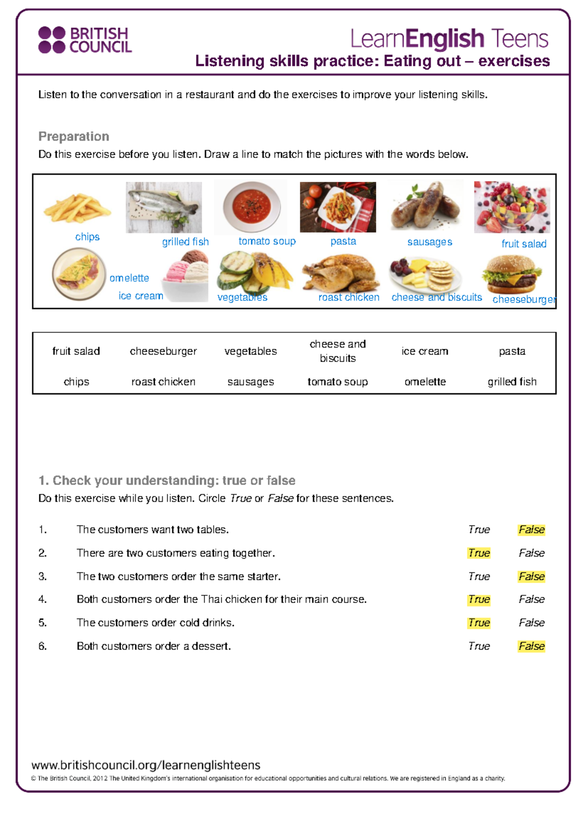 A2 Listening Practice: Eating Out - Exercises for Improvement - Studocu
