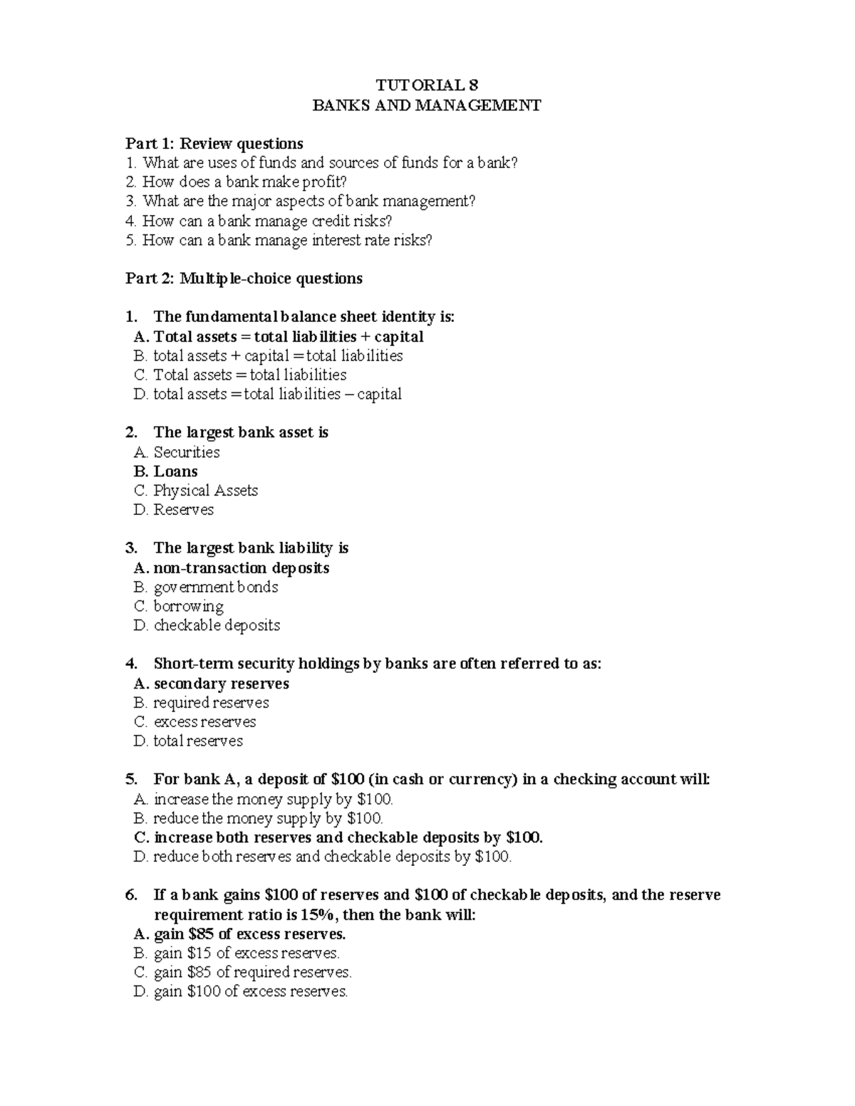 Tute 8 solutions - bai tap - TUTORIAL 8 BANKS AND MANAGEMENT Part 1 ...
