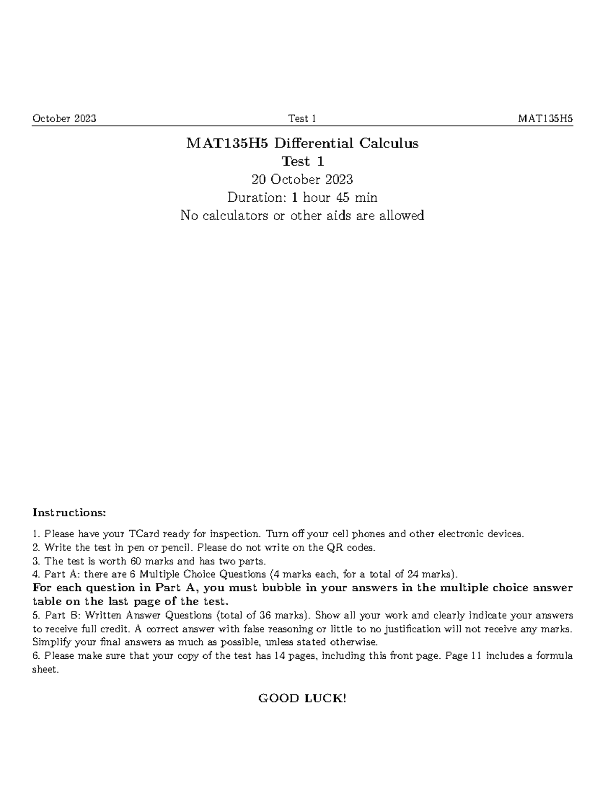 MAT135H5 October 2023 Differential Calculus Test 1 Guidelines and ...