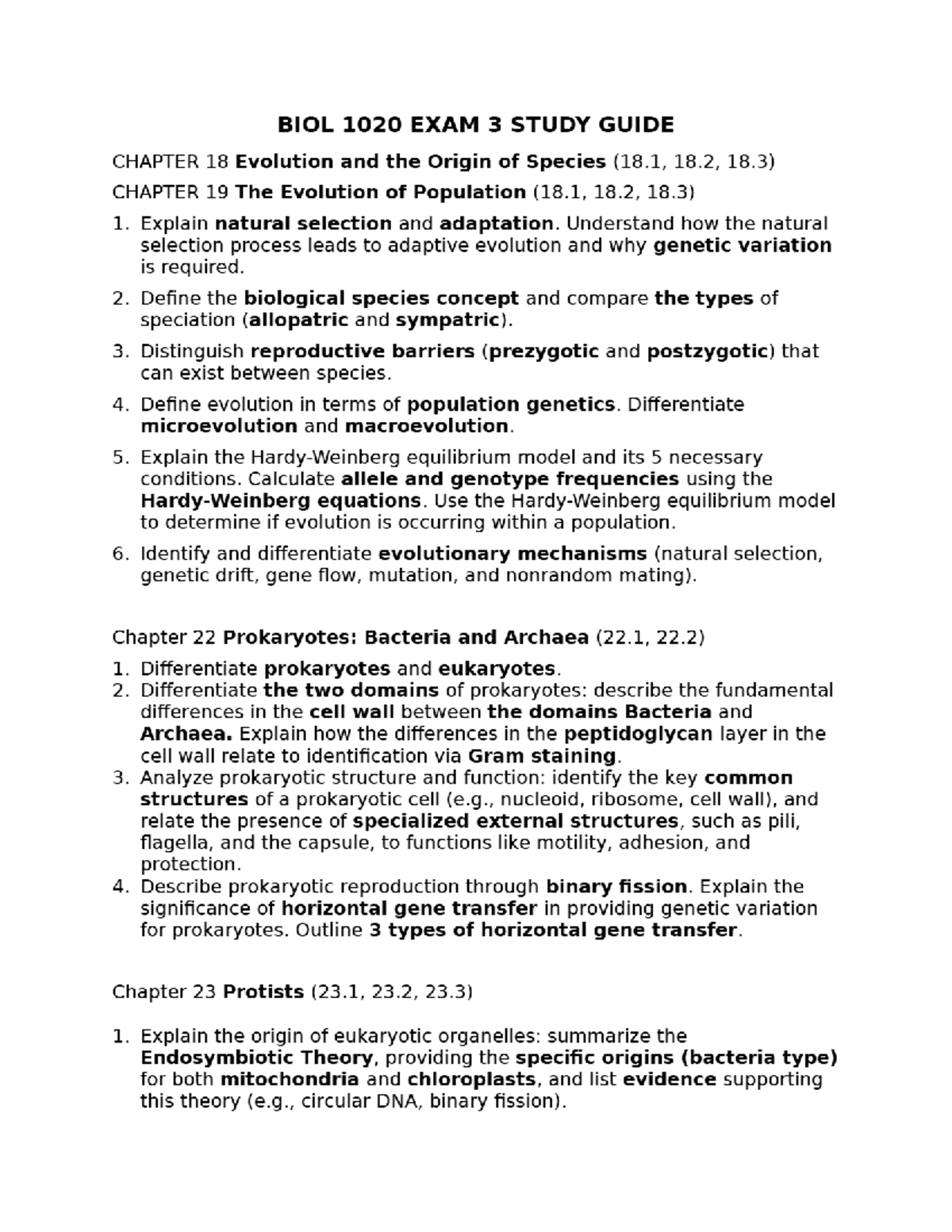 BIOL 1020 EXAM 3 Study Guide: Evolution, Prokaryotes, and Fungi - Studocu