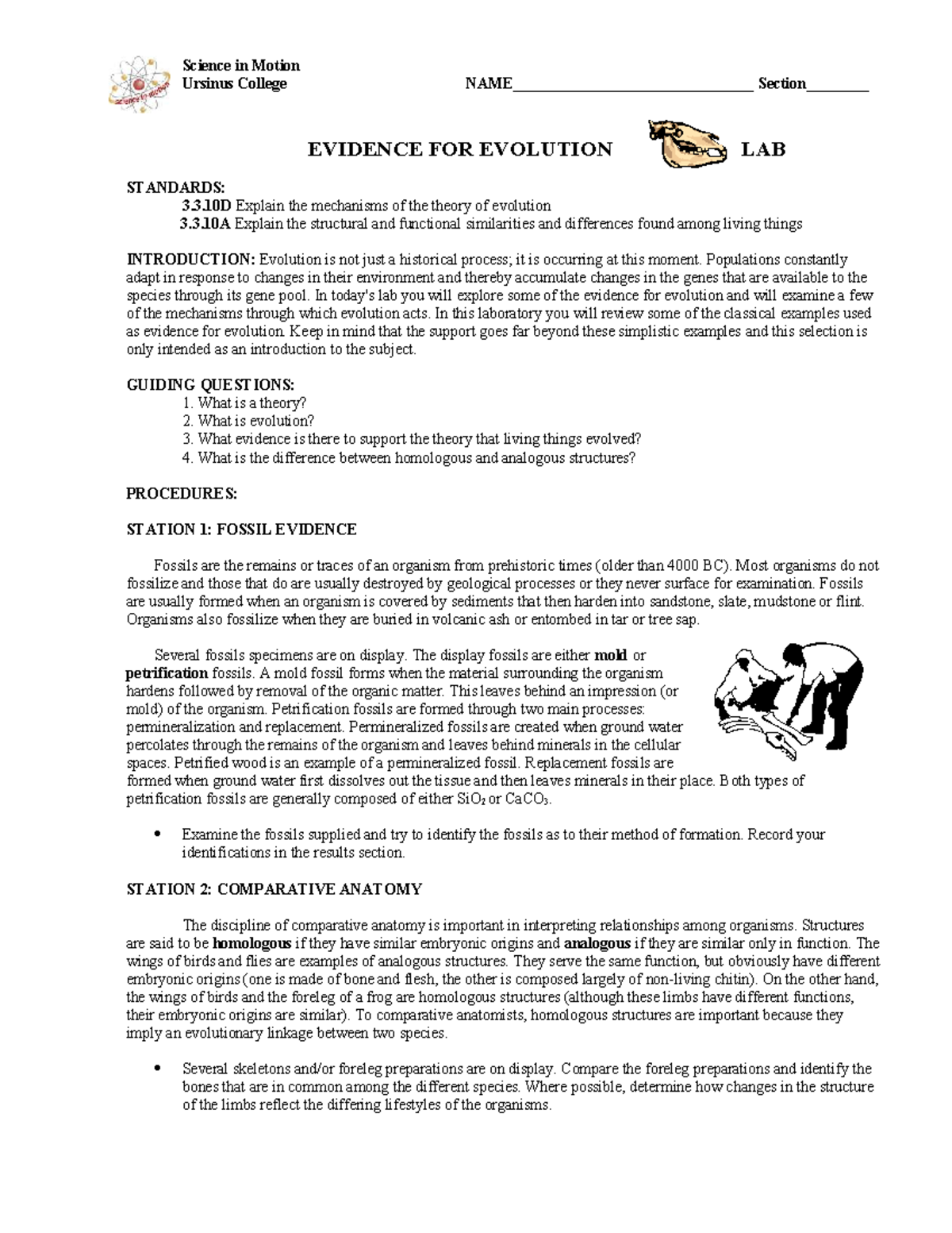 Evidence for Evolution Lab (SCI 101) - Ursinus College - Studocu