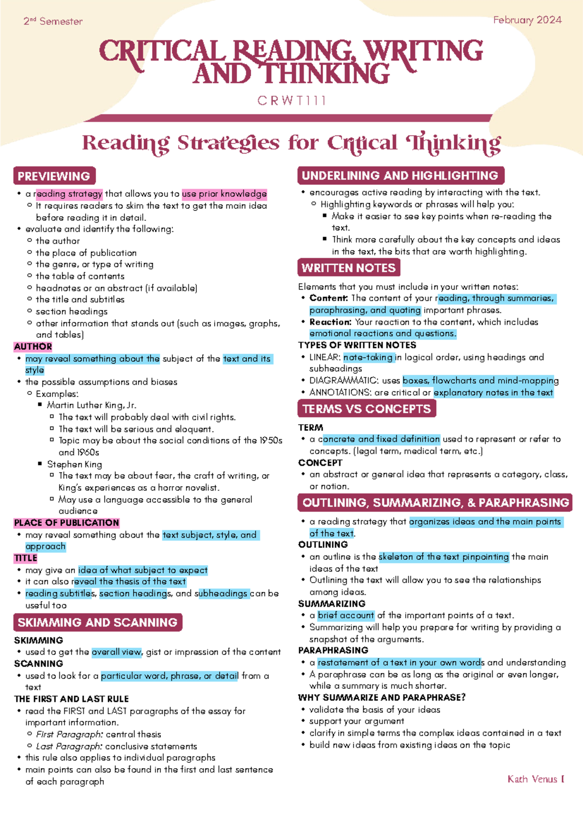 2.04 - Reading Strategies for CRITICAL Thinking (C R W T 1 1 1) - Studocu