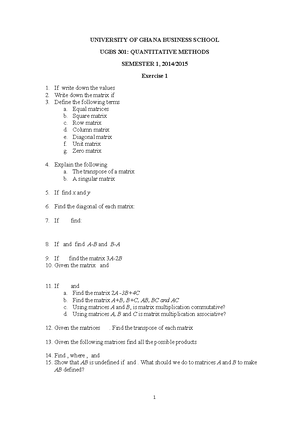 Tutorial set 3 Hypothesis - UNIVERSITY OF GHANA BUSINESS SCHOOL UGBS 301 – QUANTITATIVE METHODS ...