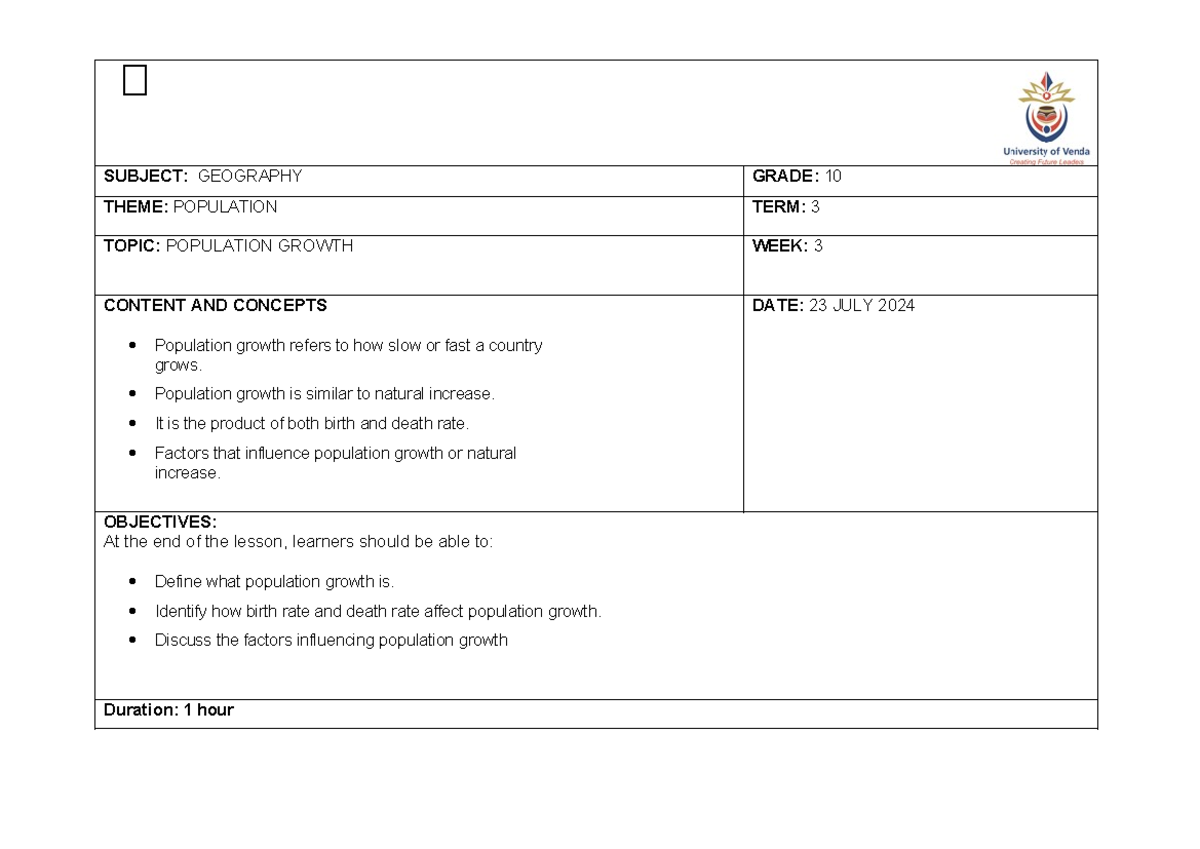 Lesson Plan 3: Understanding Population Growth in GEO 10 - Studocu