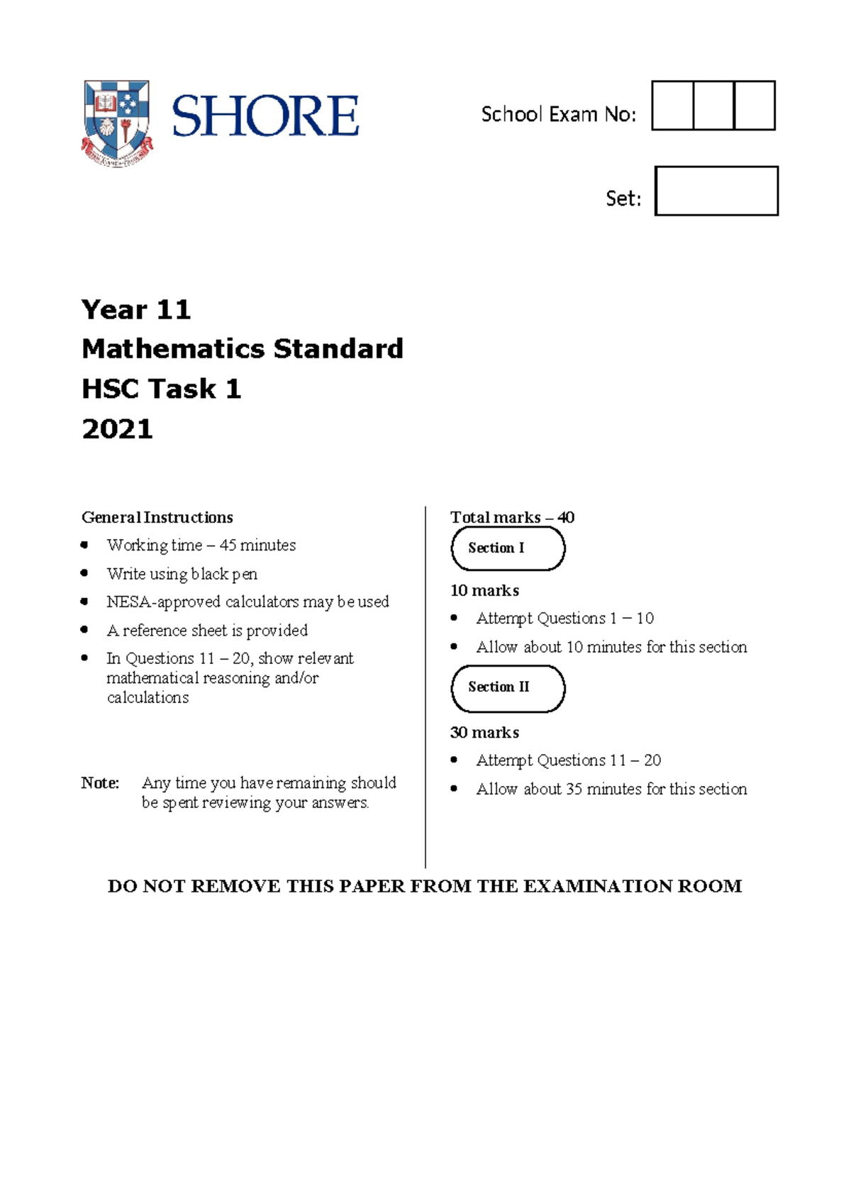 01. 2021 Year 11 Standard HSC Task 1 - Year 11 Mathematics Standard HSC Task 1 2021 General ...