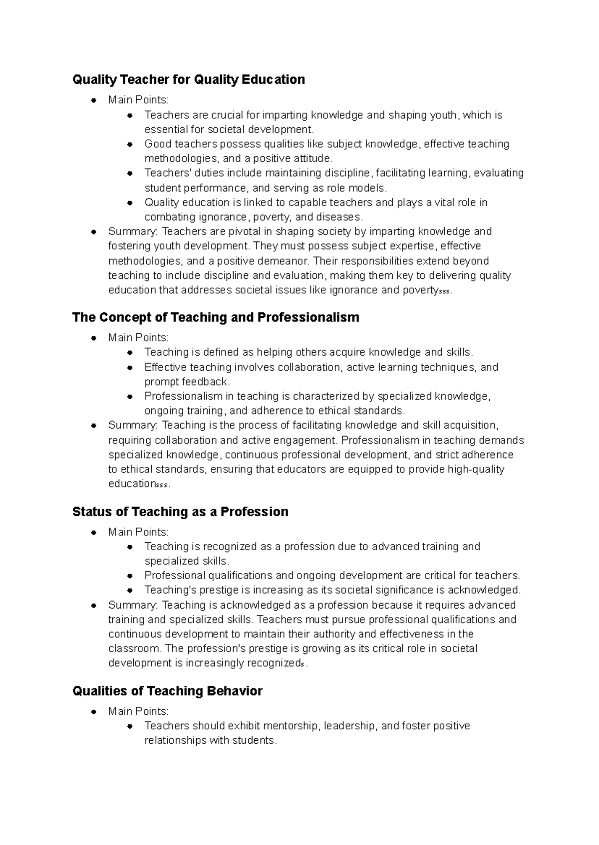 Important topics - Quality Teacher for Quality Education Main Points ...