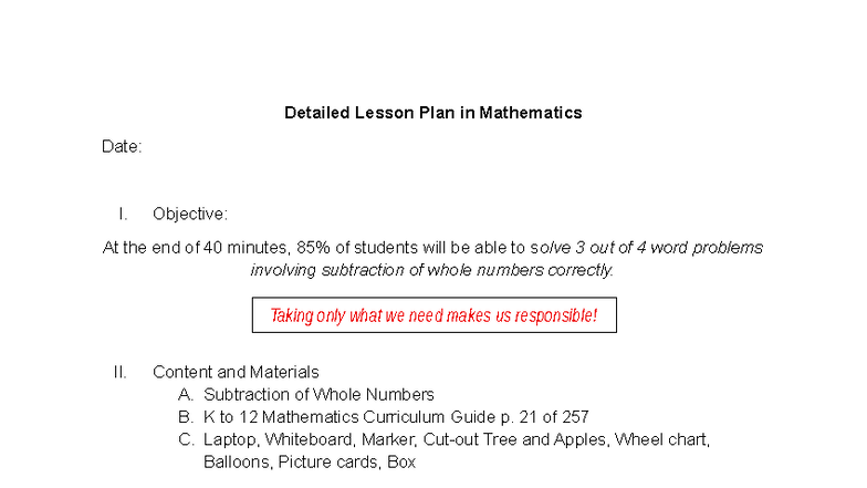 Mathematics Lesson Plan: Subtraction of Whole Numbers (K to 12) - Studocu