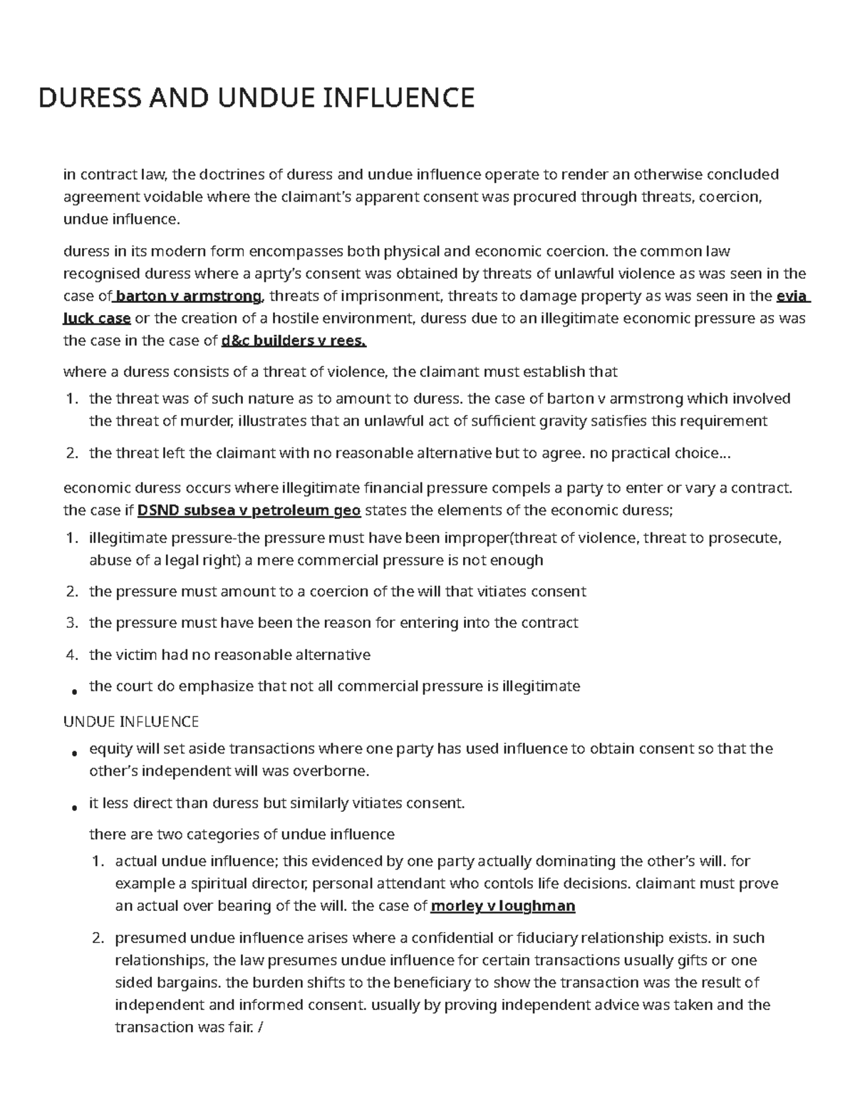Duress and Undue Influence in Contract Law - 2025 Final Exam Notes ...