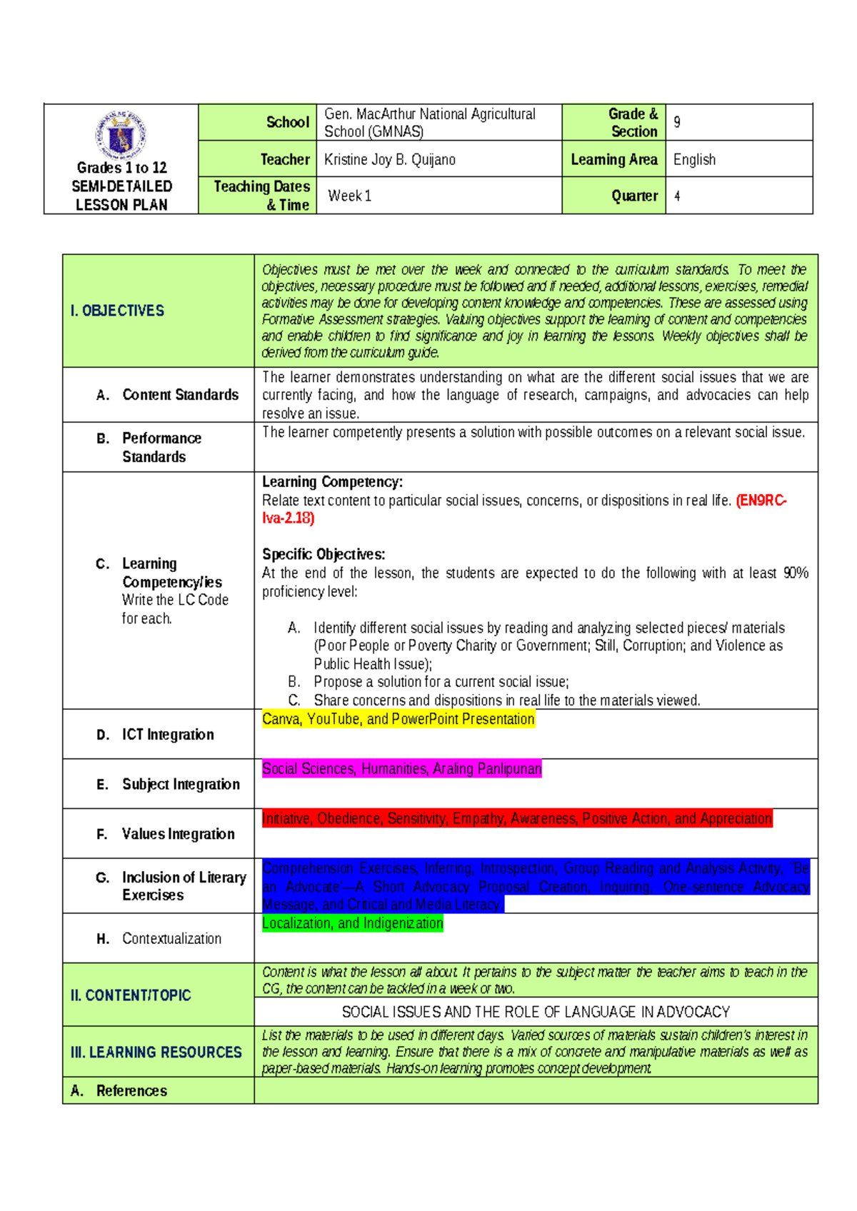 Grade 9 English Lesson Plan: Social Issues & Language Advocacy (Q4 ...
