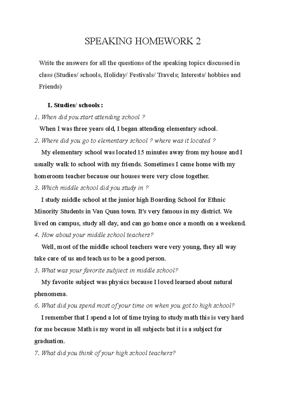 Speaking Homework 222222222222222222 - SPEAKING HOMEWORK 2 Write the ...