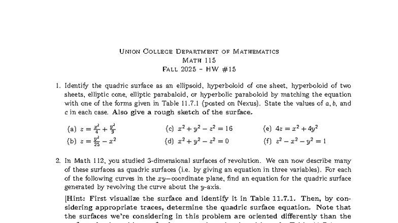 Math 115 Fall 2025 - HW 15: Analyzing Quadric Surfaces - Studocu