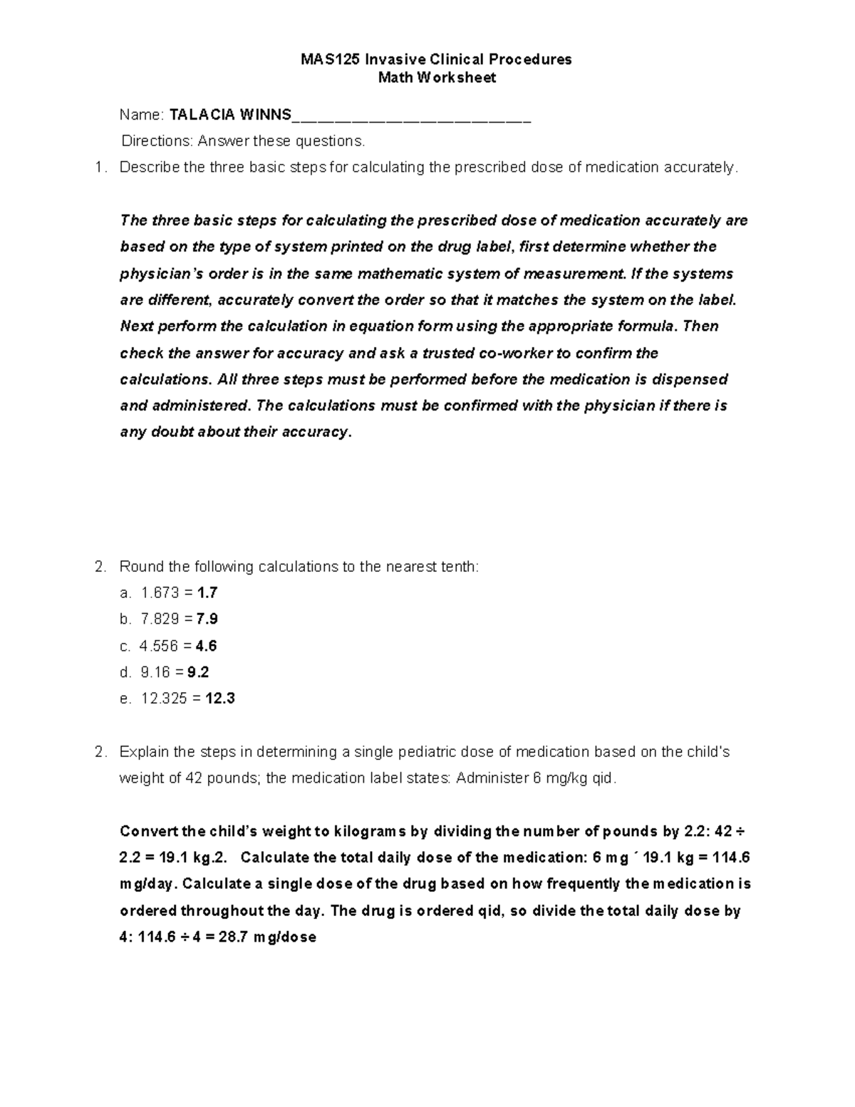 MAS125 Math Worksheet - MAS125 Invasive Clinical Procedures Math ...