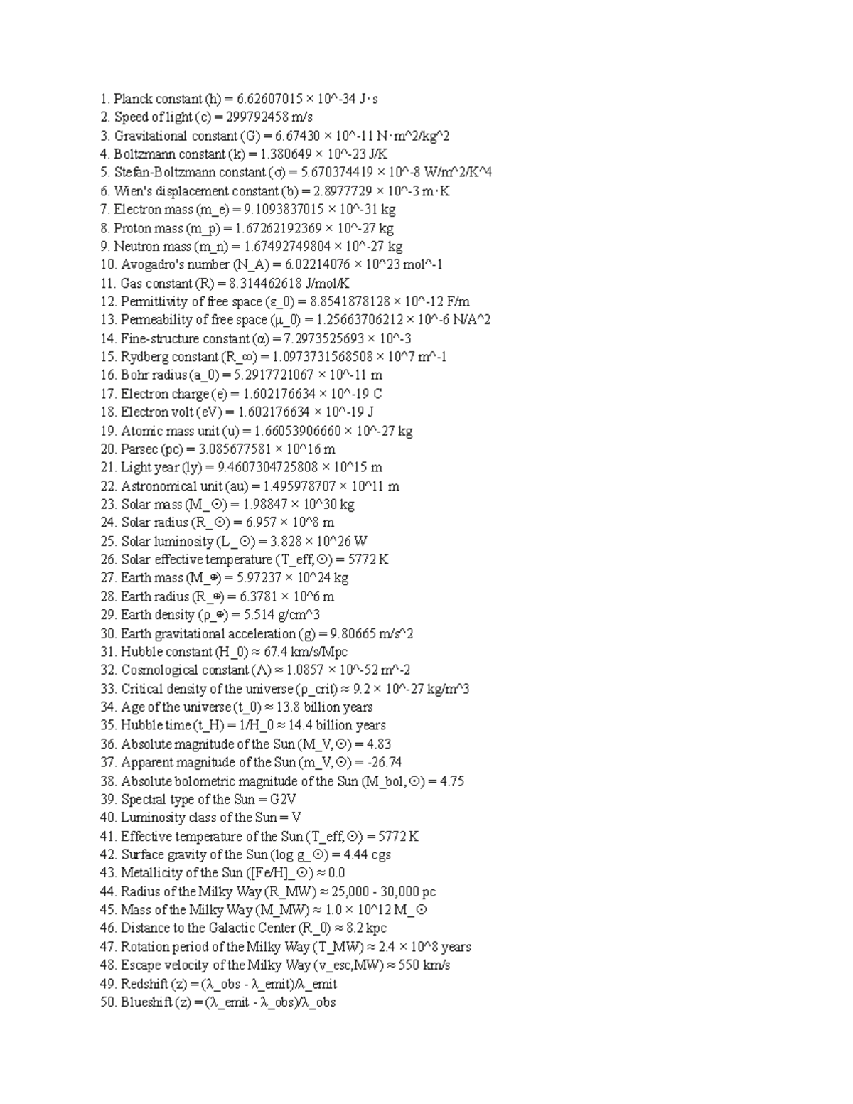 Astronomy Science Olympiad Formulae & Constants (980125249) - Studocu