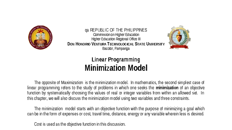 LECTURE ON LINEAR PROGRAMMING: MINIMIZATION MODEL (VIII) - Studocu