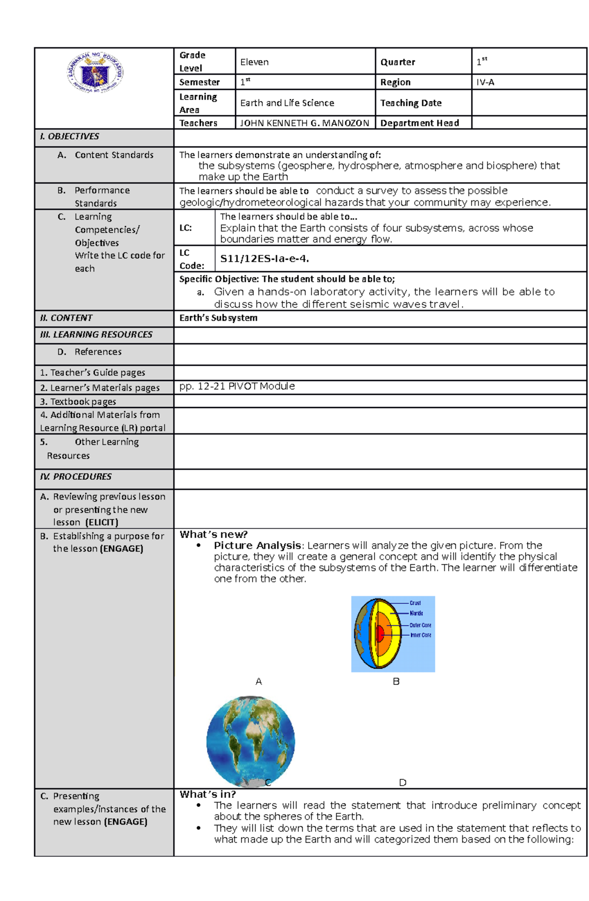 DLP-Earth's Subsystem - Grade Level Eleven Quarter 1 st Semester 1 st ...