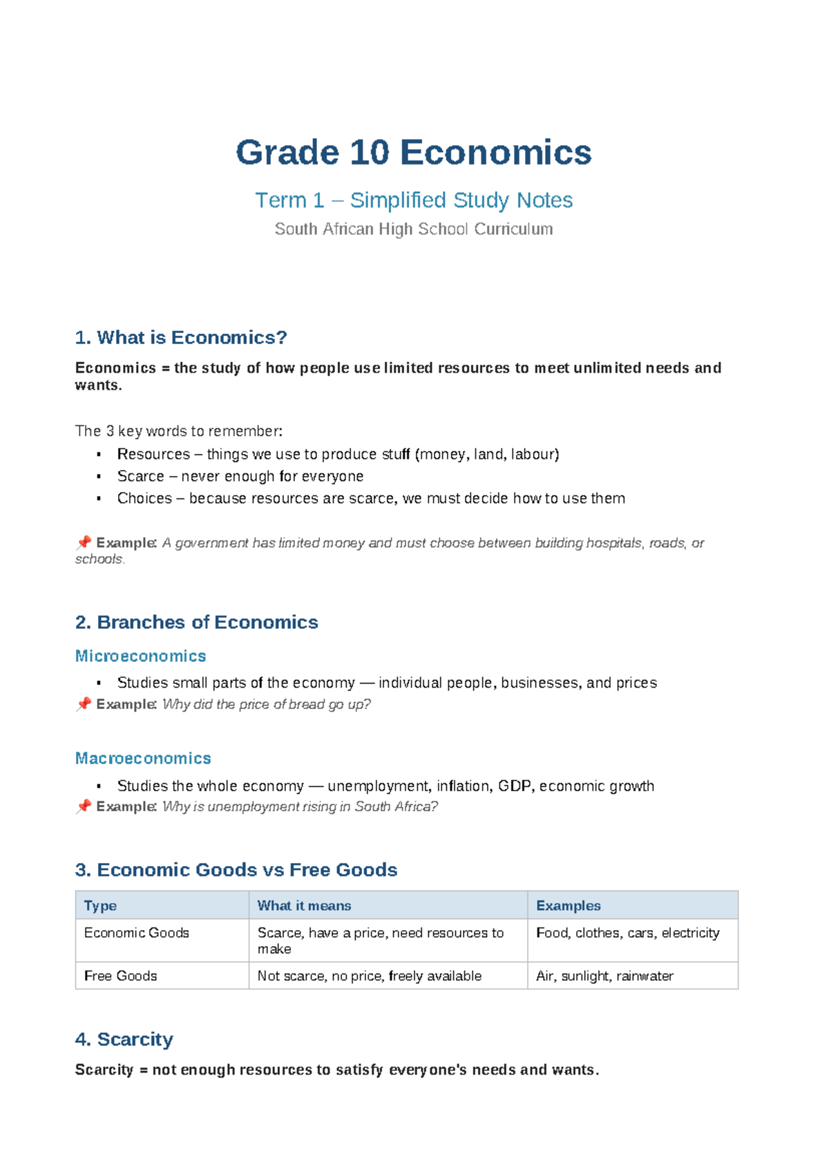 Grade 10 Economics Term 1 Simplified Study Notes - Studocu