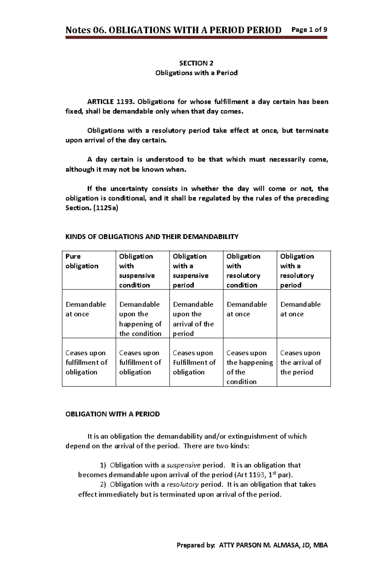 Notes 06 - Obligations with a Period: Understanding Demandability - Studocu