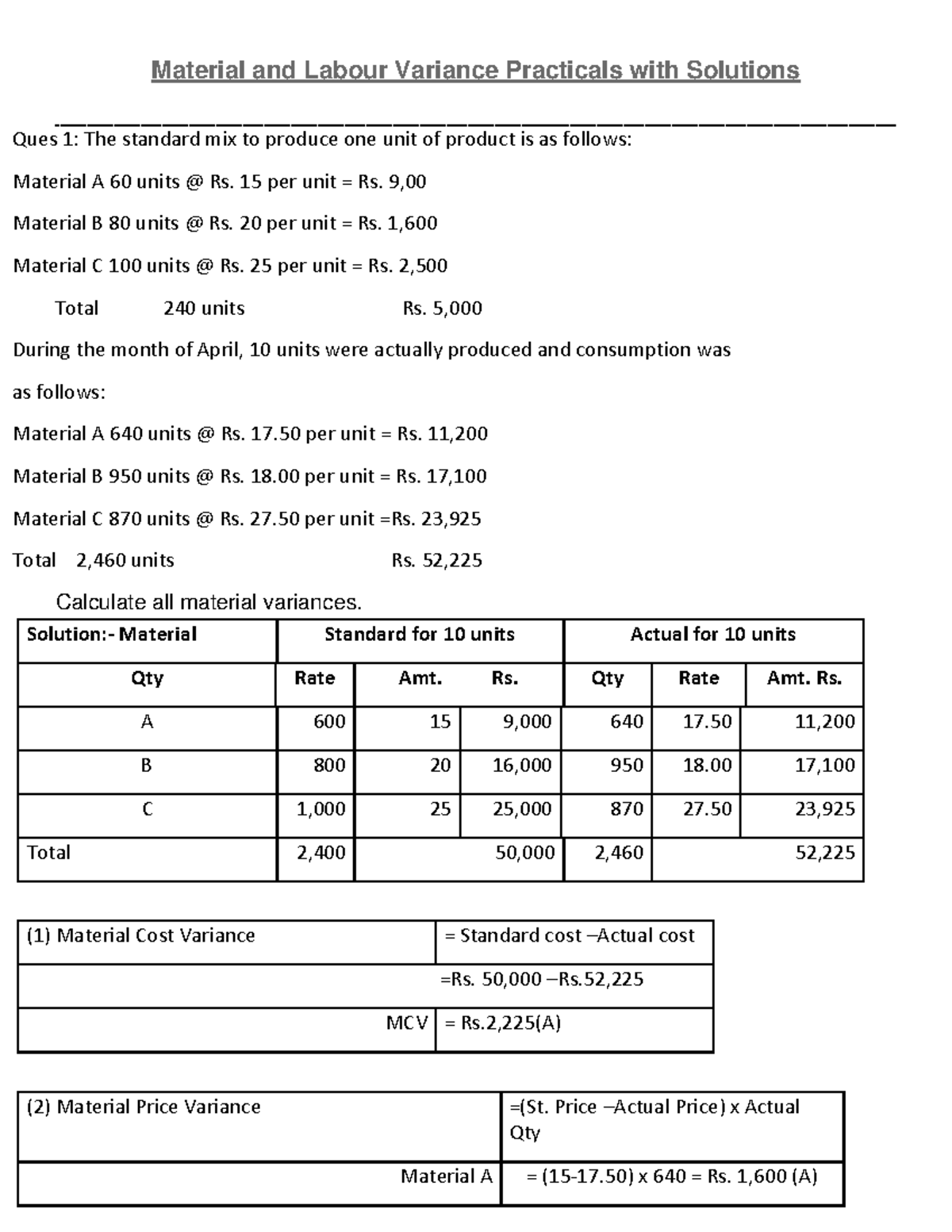 Material and Labour Variance Analysis with Solutions - Costing 101 - Studocu