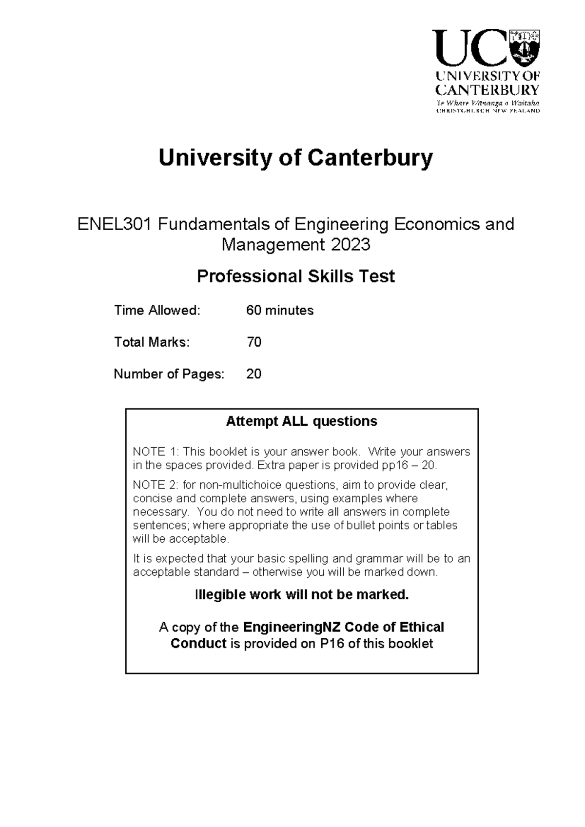 ENEL301 Professional Skills Test 2023: Key Concepts & Guidelines - Studocu