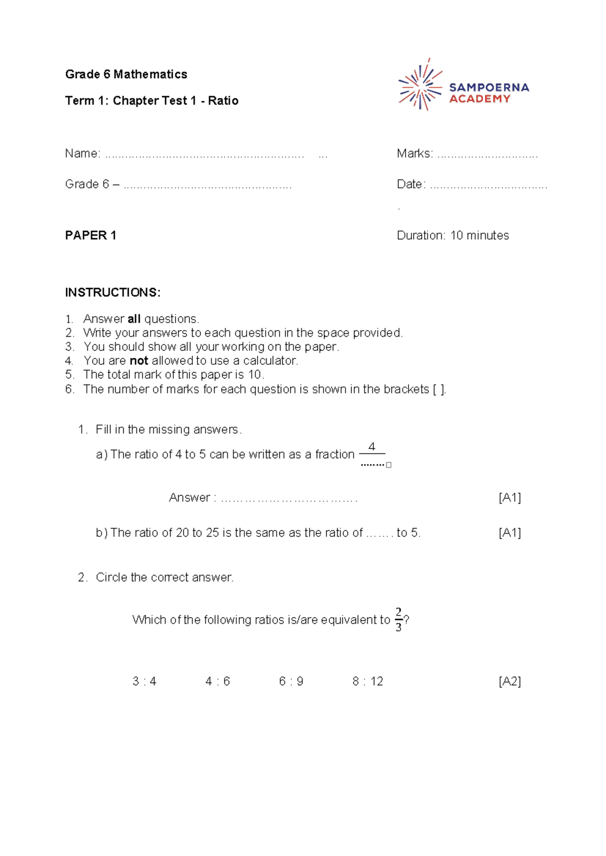 Grade 6 Math Term 1: Chapter Test 1 on Ratios - Studocu