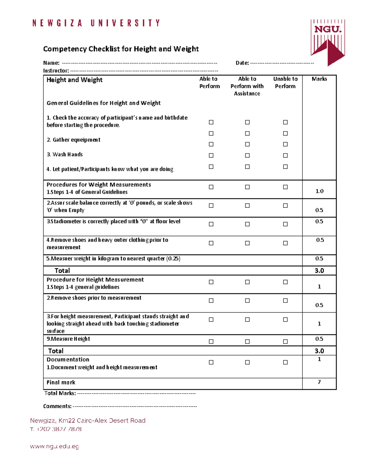 BMI Competency Checklist IM [2.10] for Height and Weight 2024-2025 ...