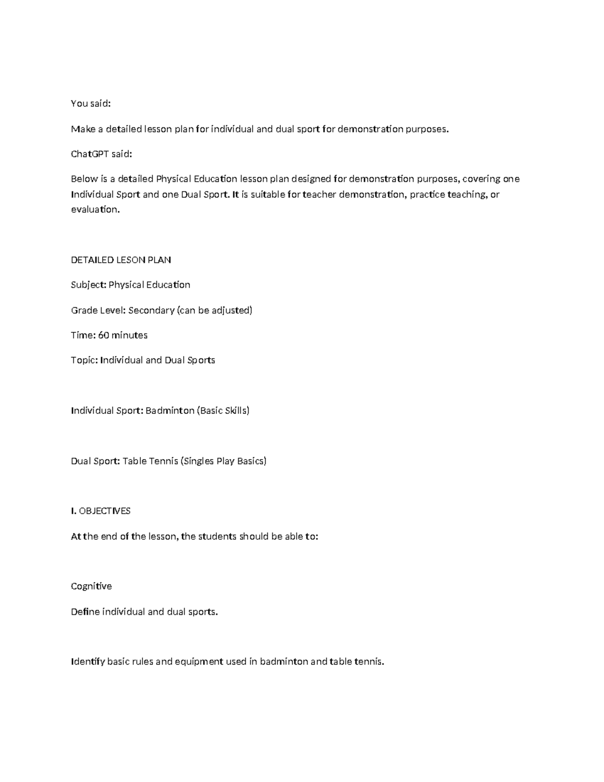 Detailed Lesson Plan for PE: Athletics & Badminton (Classroom Demo ...