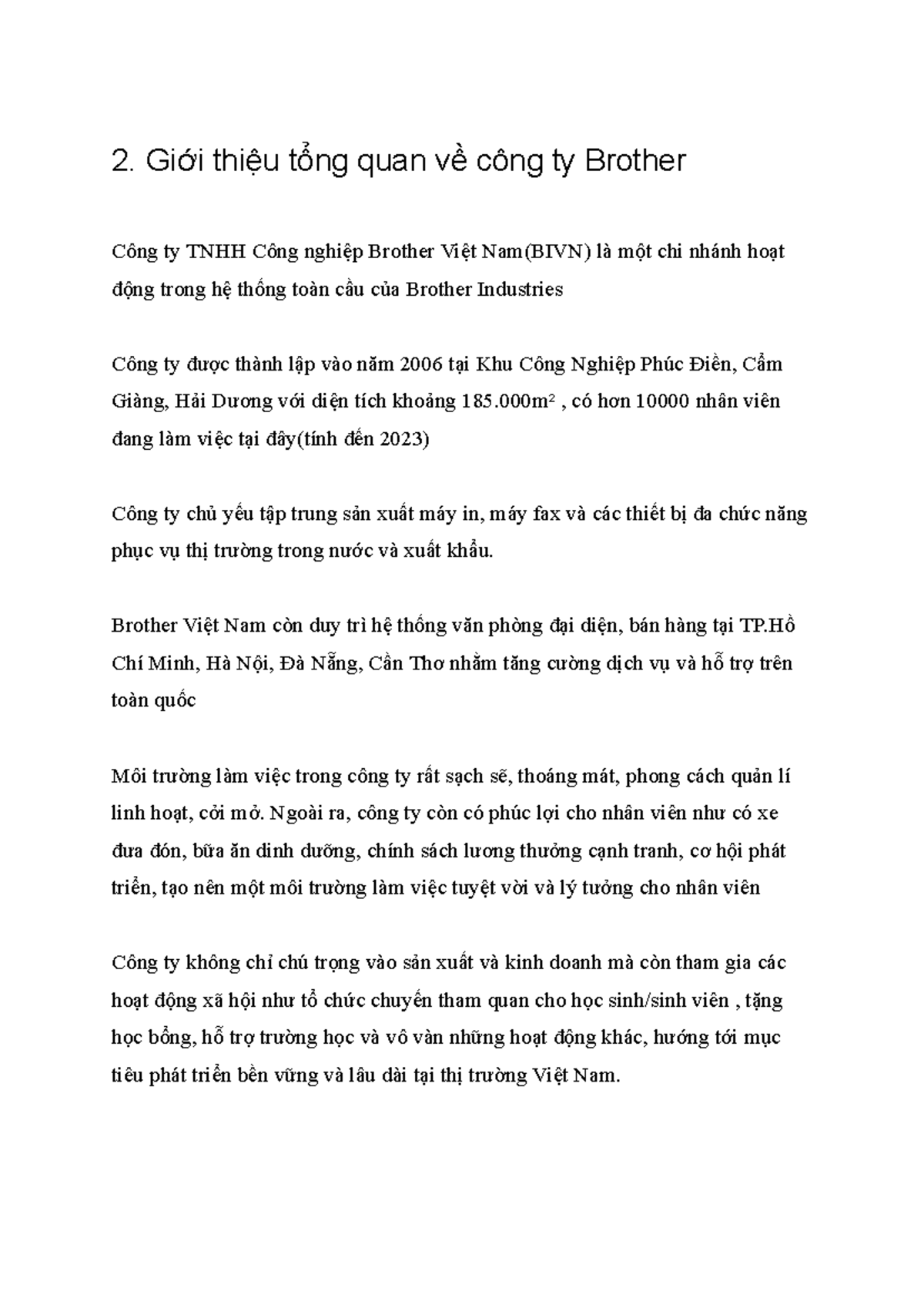 Tổng Quan Về Công Ty Brother (BIVN) - Hoạt Động & Phúc Lợi - Studocu