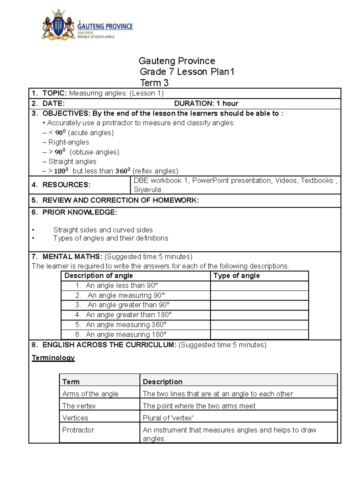 Gauteng Province Grade 7 Term 3 Lesson Plans: Measuring & Constructing ...