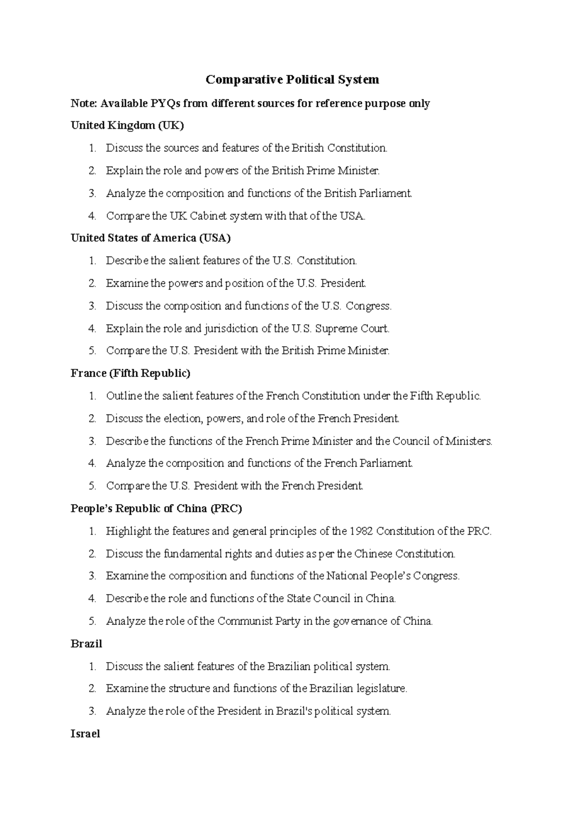 Comparative Political Systems: UK, USA, Brazil, and Israel Insights ...
