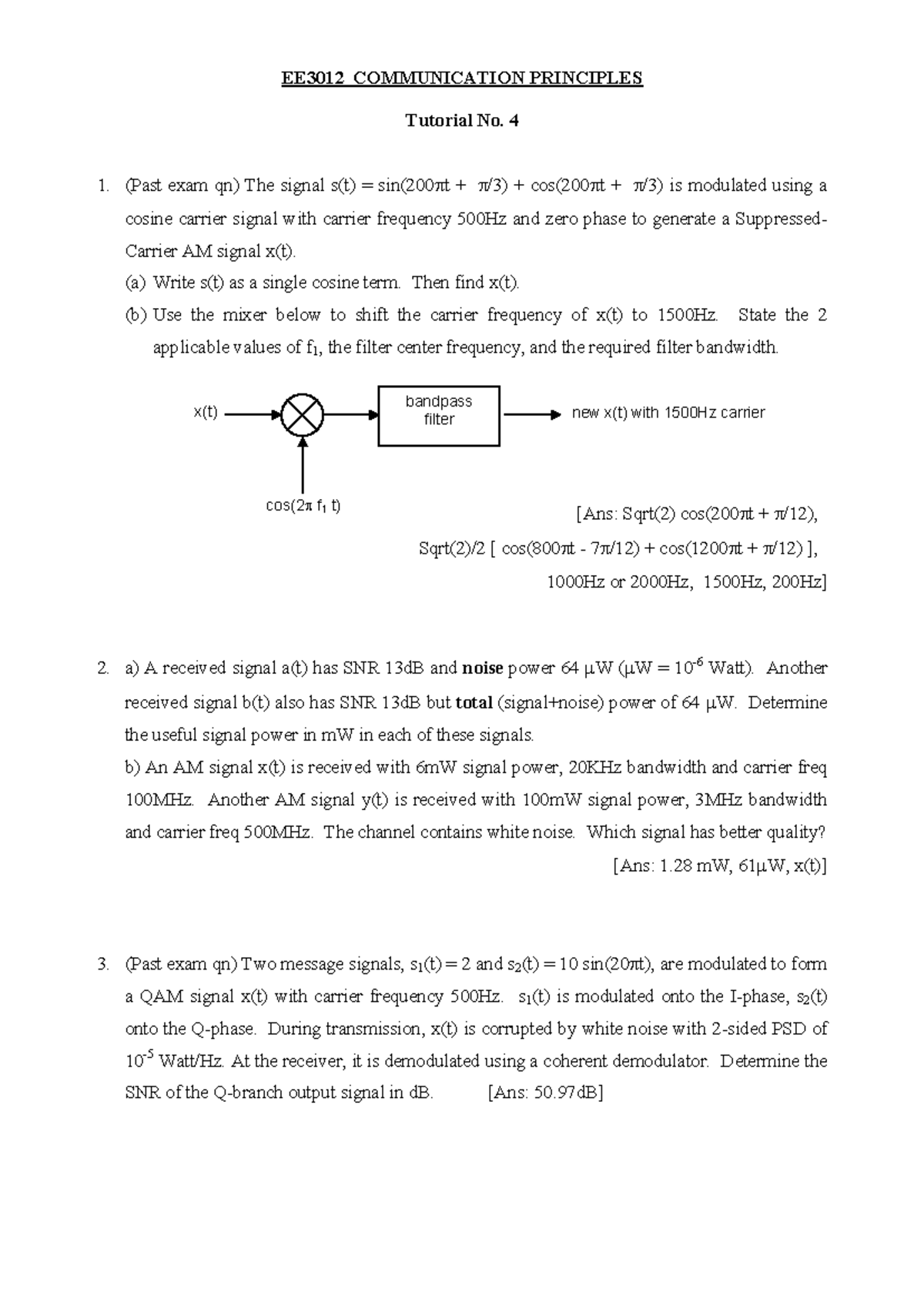 IE3012 Communication Principles Tut 4 With Answers - EE3012 ...