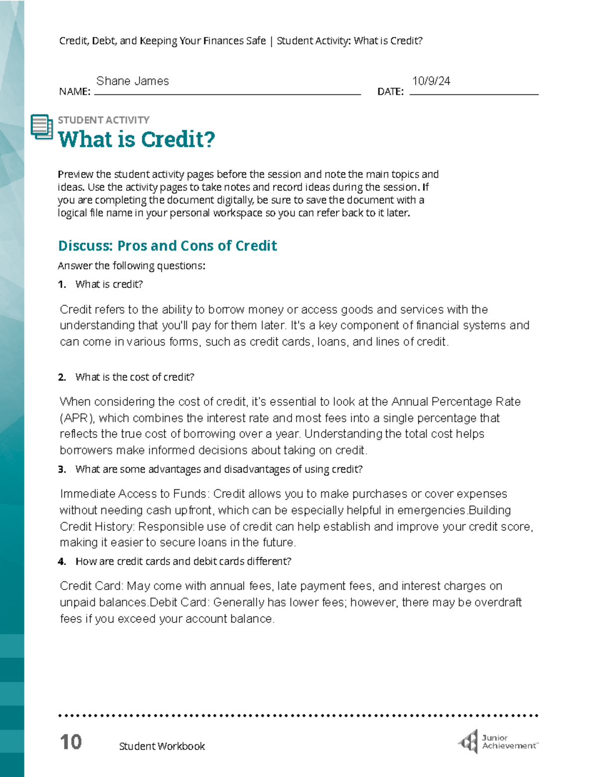 What is credit - 10 Student Workbook Junior Achievement™™ Credit, Debt ...