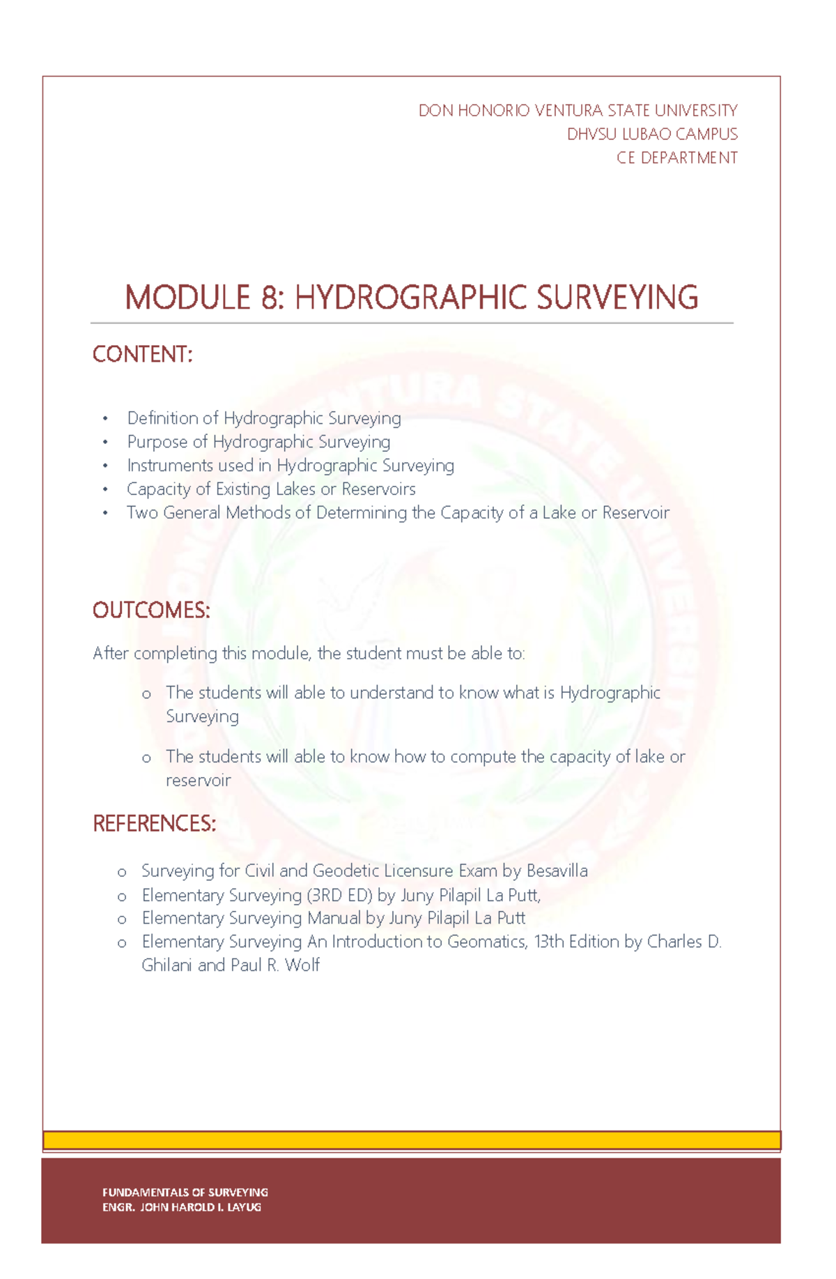 Surveying Module 8: Hydrographic Surveying - FUNDASURV - Studocu