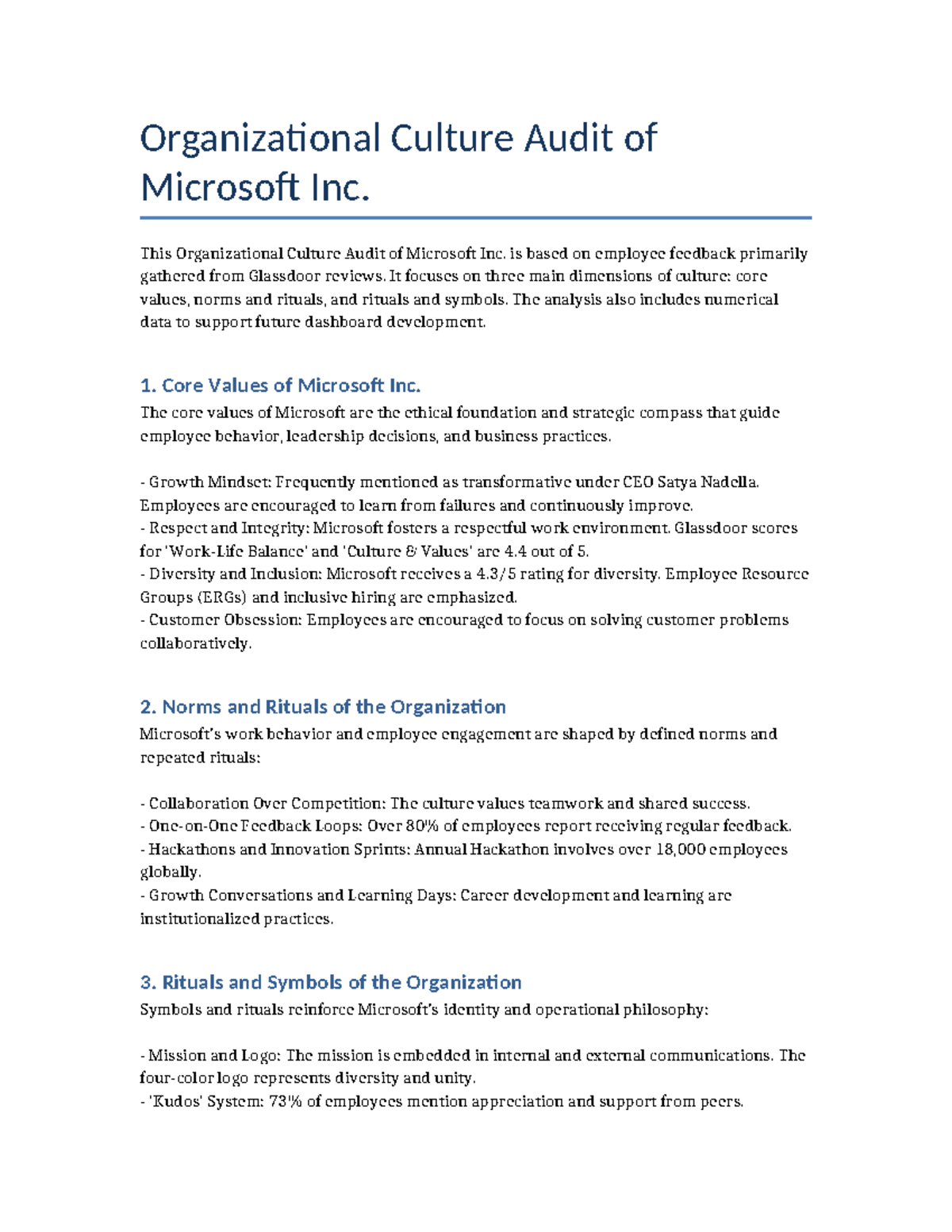 Microsoft Inc. Organizational Culture Audit: Employee Insights ...