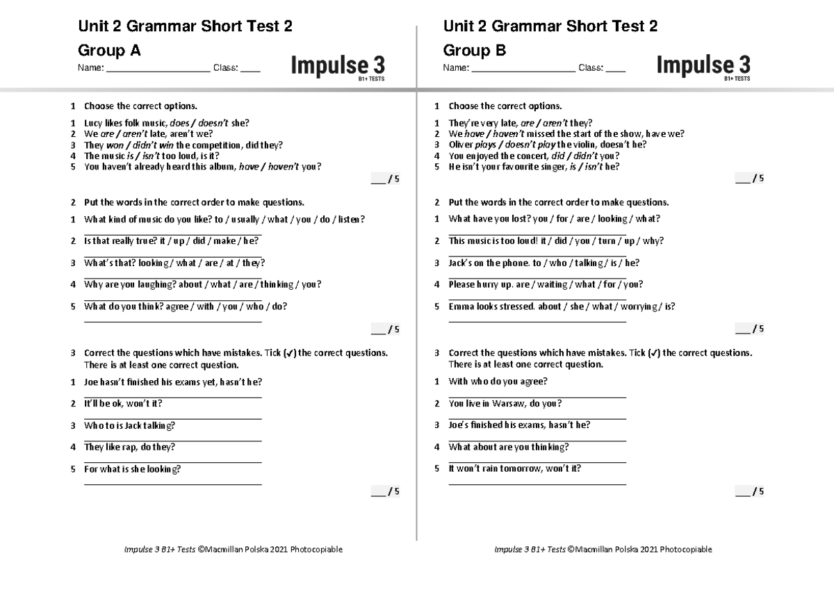 Unit 2 Grammar Short Test 2 A+B - Impulse 3 B1+ Tests - Studocu