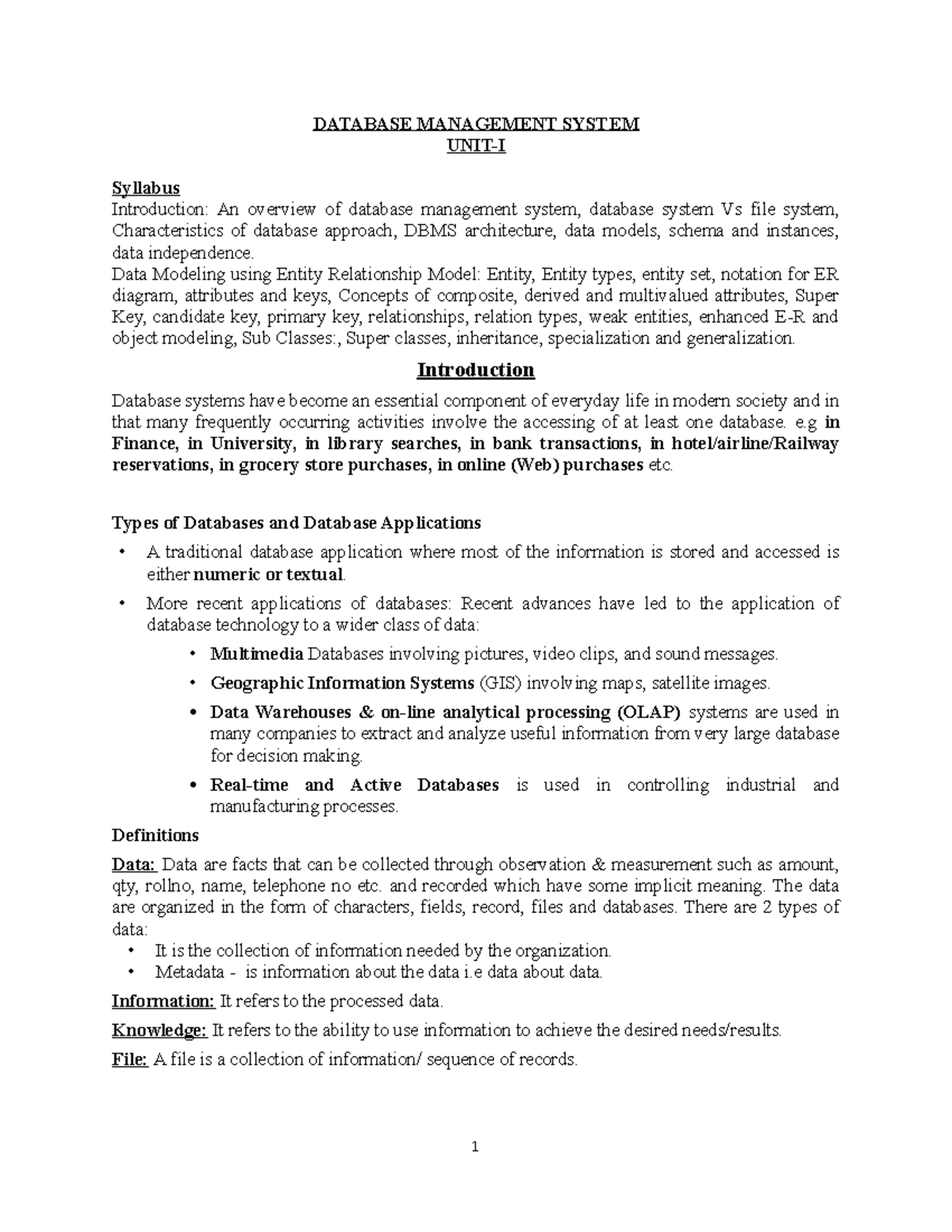 DBMS UNIT 1 bca-1 - notes for dbms - DATABASE MANAGEMENT SYSTEM ...