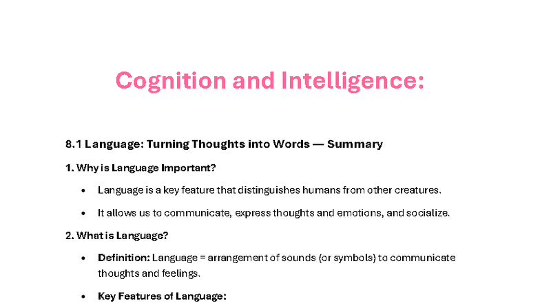 Cognition and Intelligence: Summary of Language Development and Problem ...