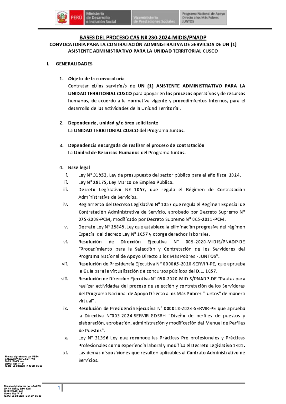 Bases CAS 230-2024 Asist. ADM. UT Cusco[F][F][F][F] - BASES DEL PROCESO CAS Nº 230 - 2024 ...