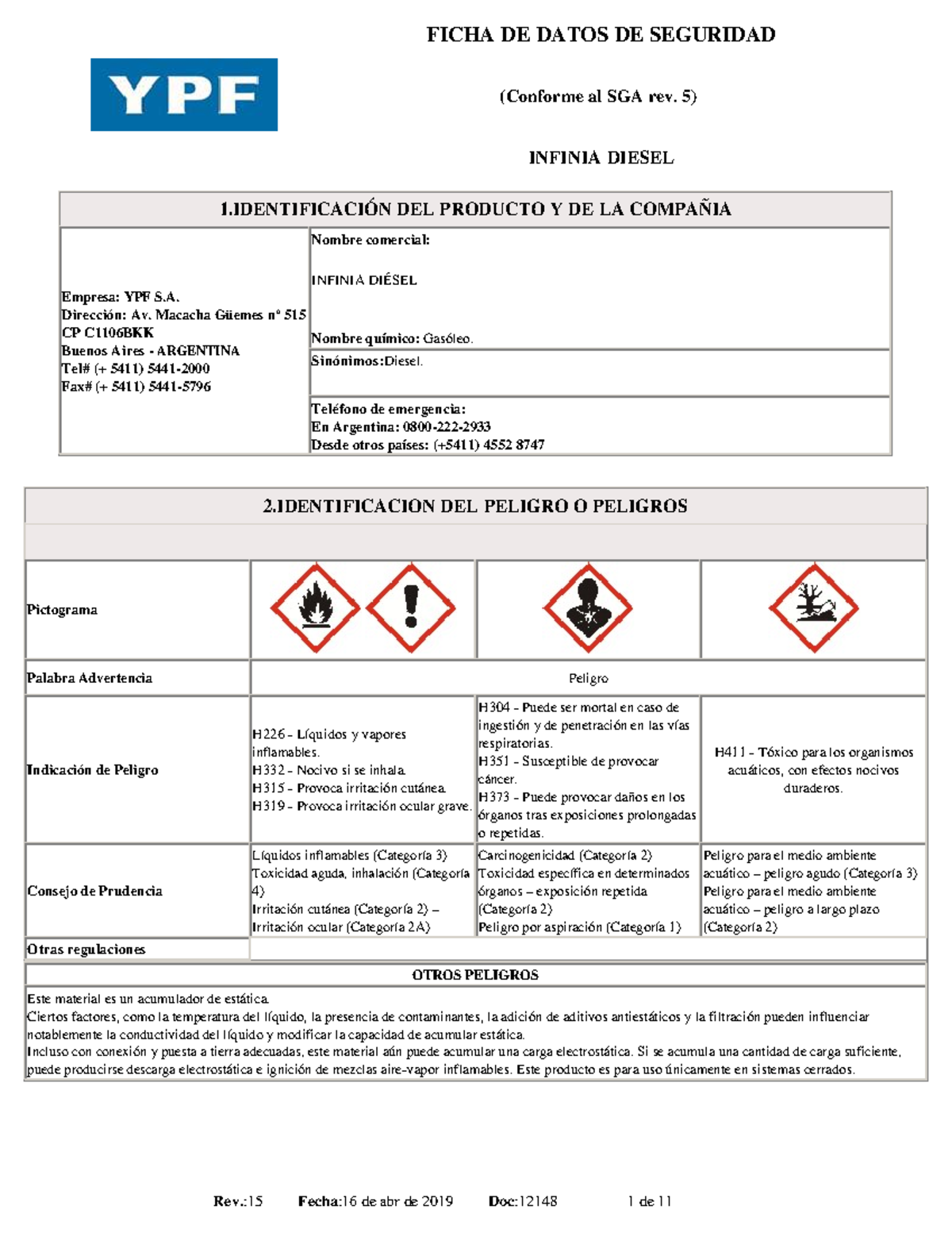 Ficha de Datos de Seguridad: Infinia Diesel - FDS Diesel - Studocu