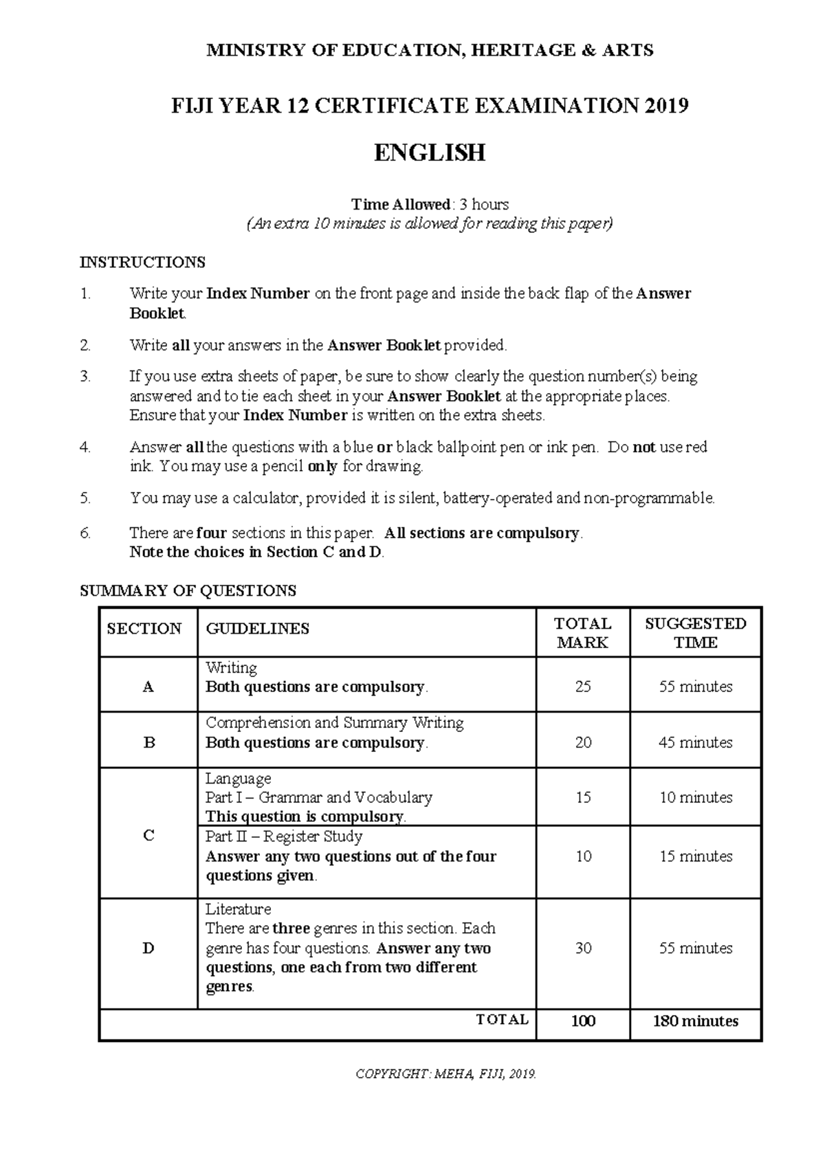 MEHA FY12CE 2019: Year 12 English Past Exam Paper - Studocu