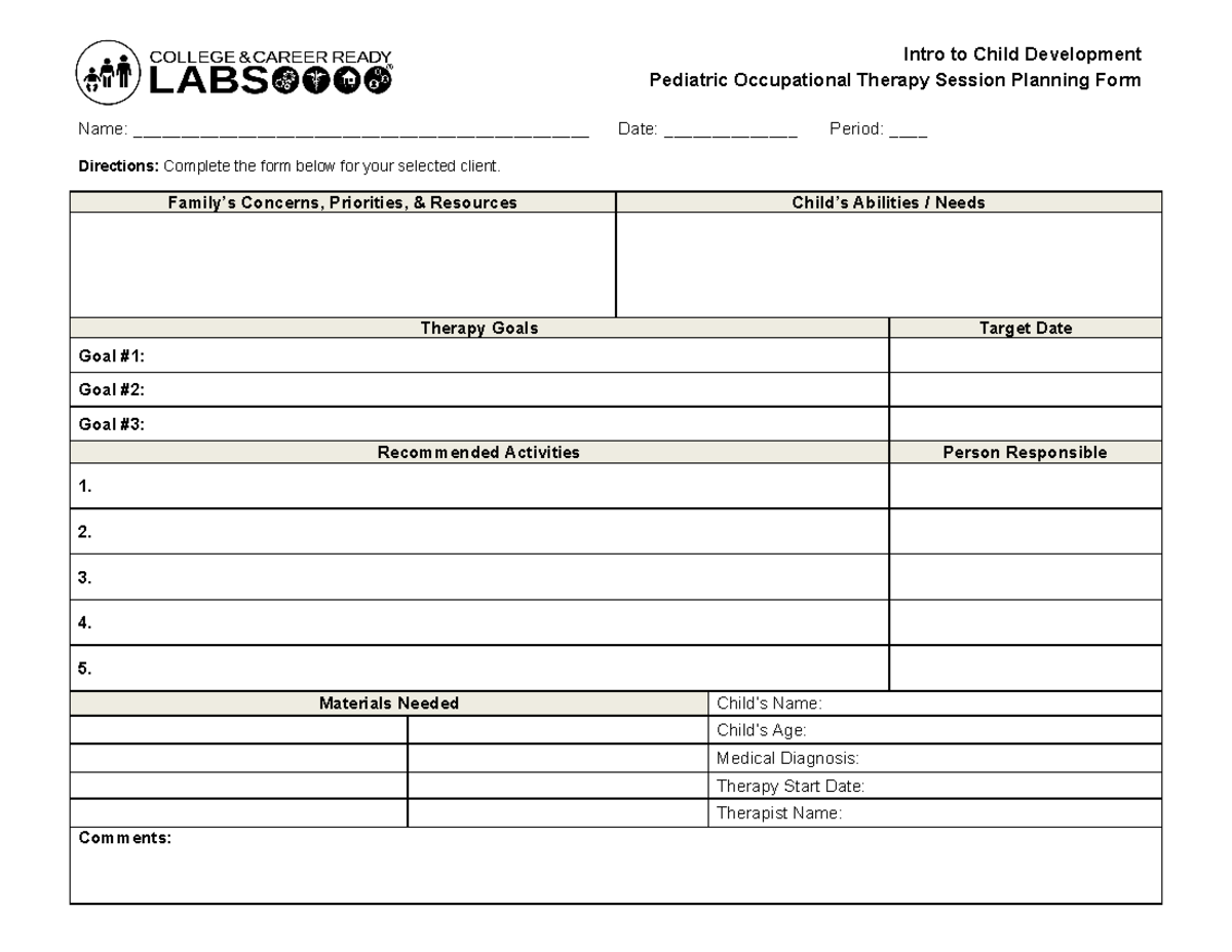 Pediatric Occupational Therapy Session Planning Form Worksheet - Name ...